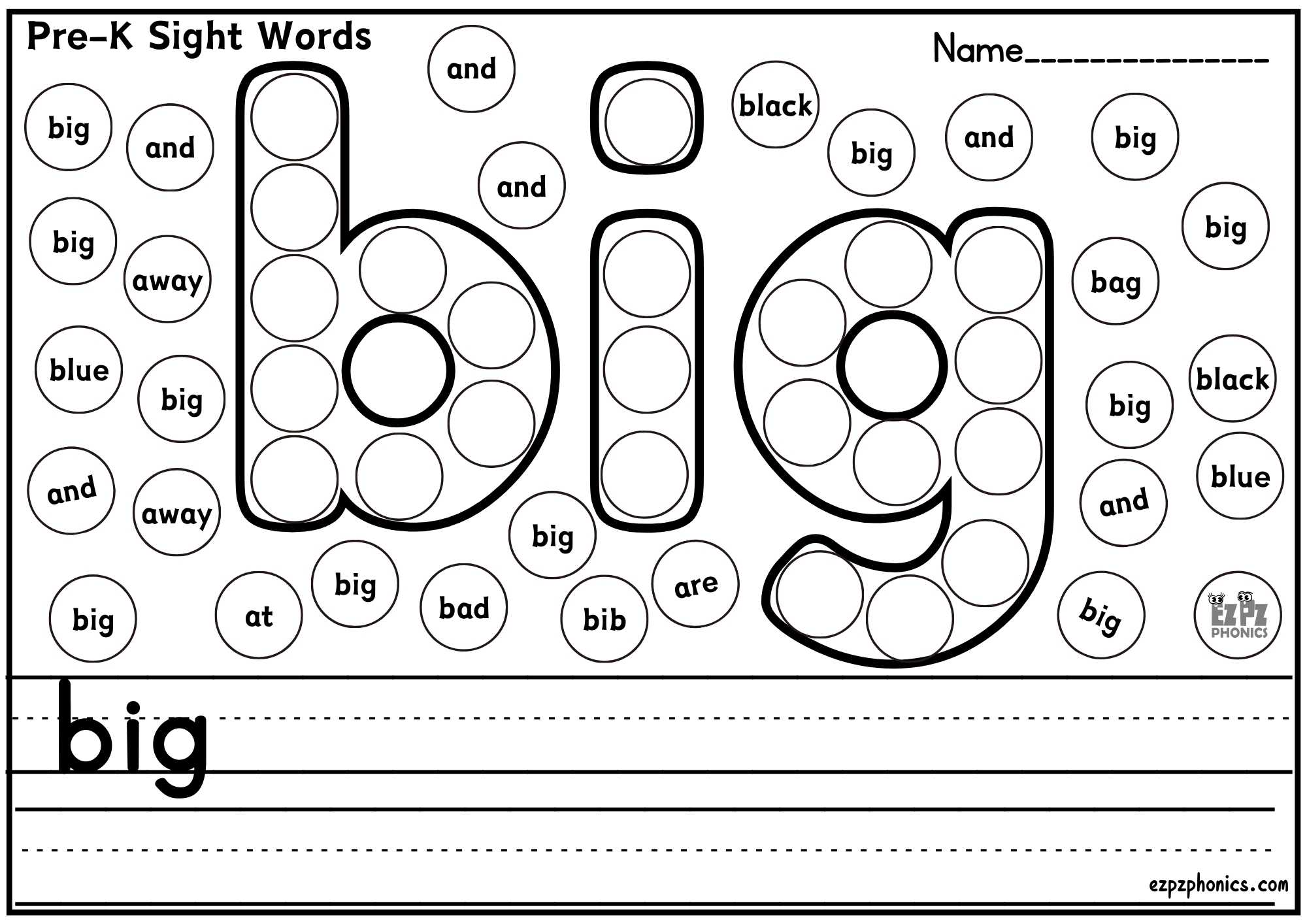 "Big" Dolch Sight Word Dab & Write Worksheet Pre K Free PDF Download ...