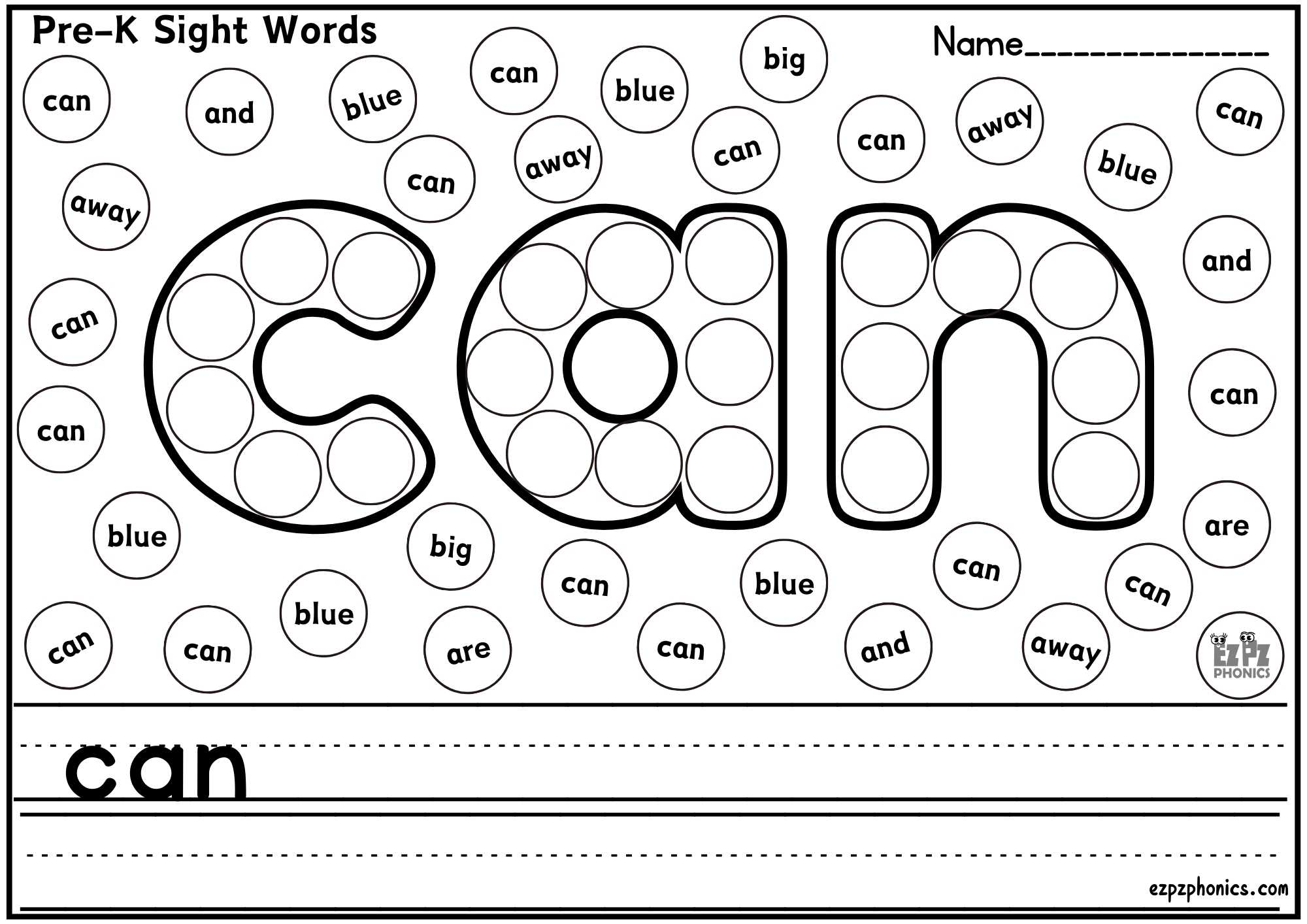"Can" Dolch Sight Word Dab & Write Worksheet Pre K Free PDF Download ...