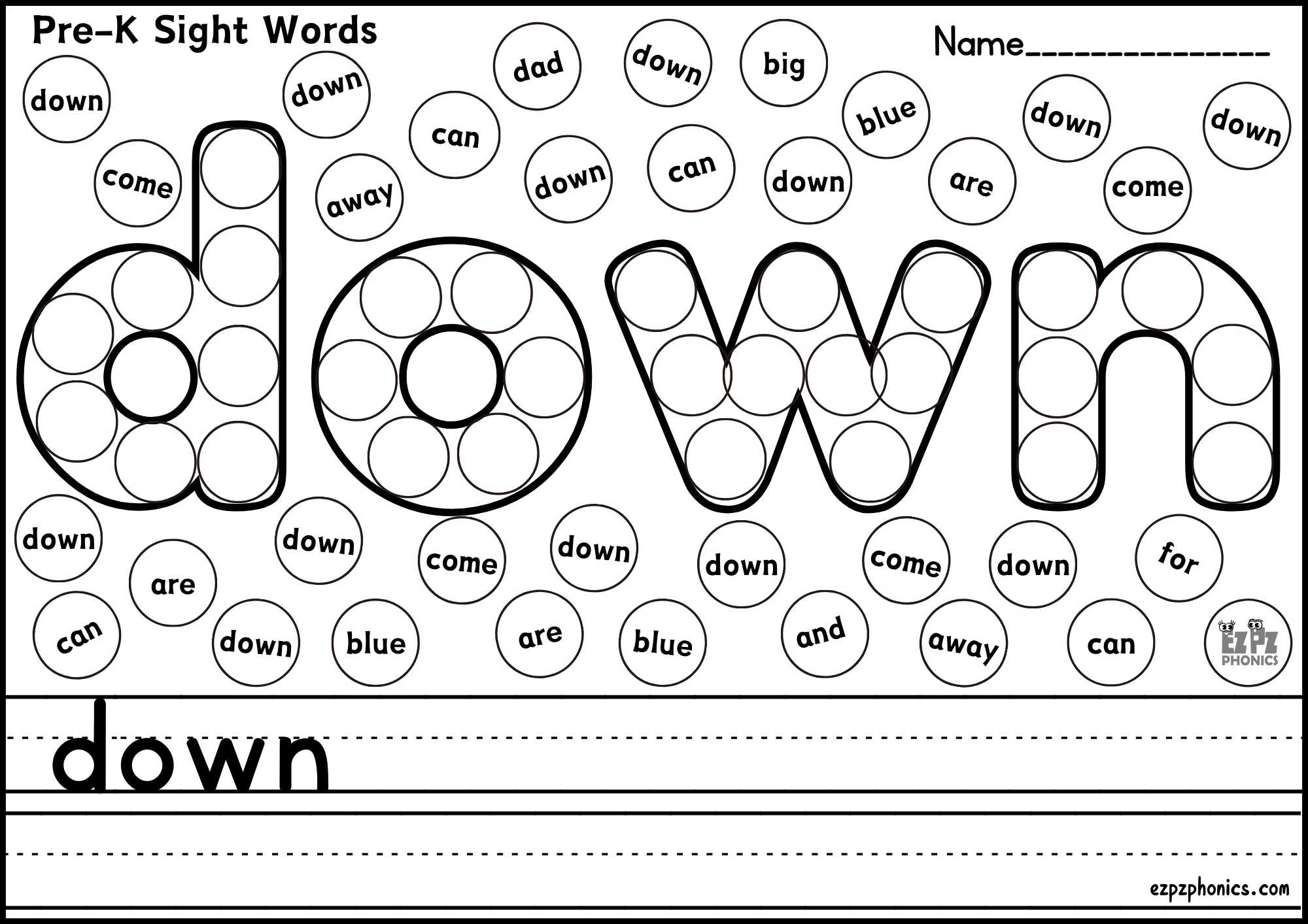 "Down" Dolch Sight Word Dab & Write Worksheet Pre K Free PDF Download ...