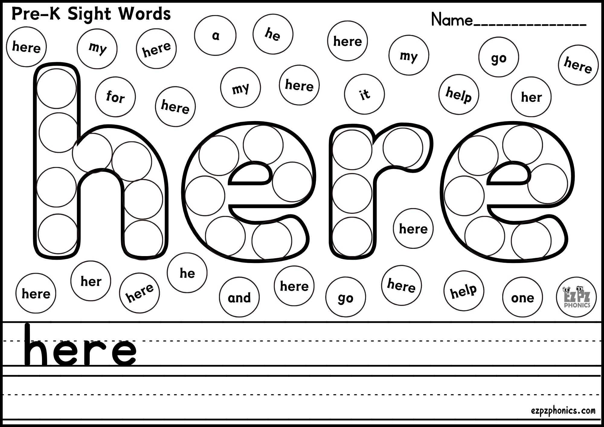 "Here" Sight Word Dab & Write Worksheet – Fun Phonics & Reading ...