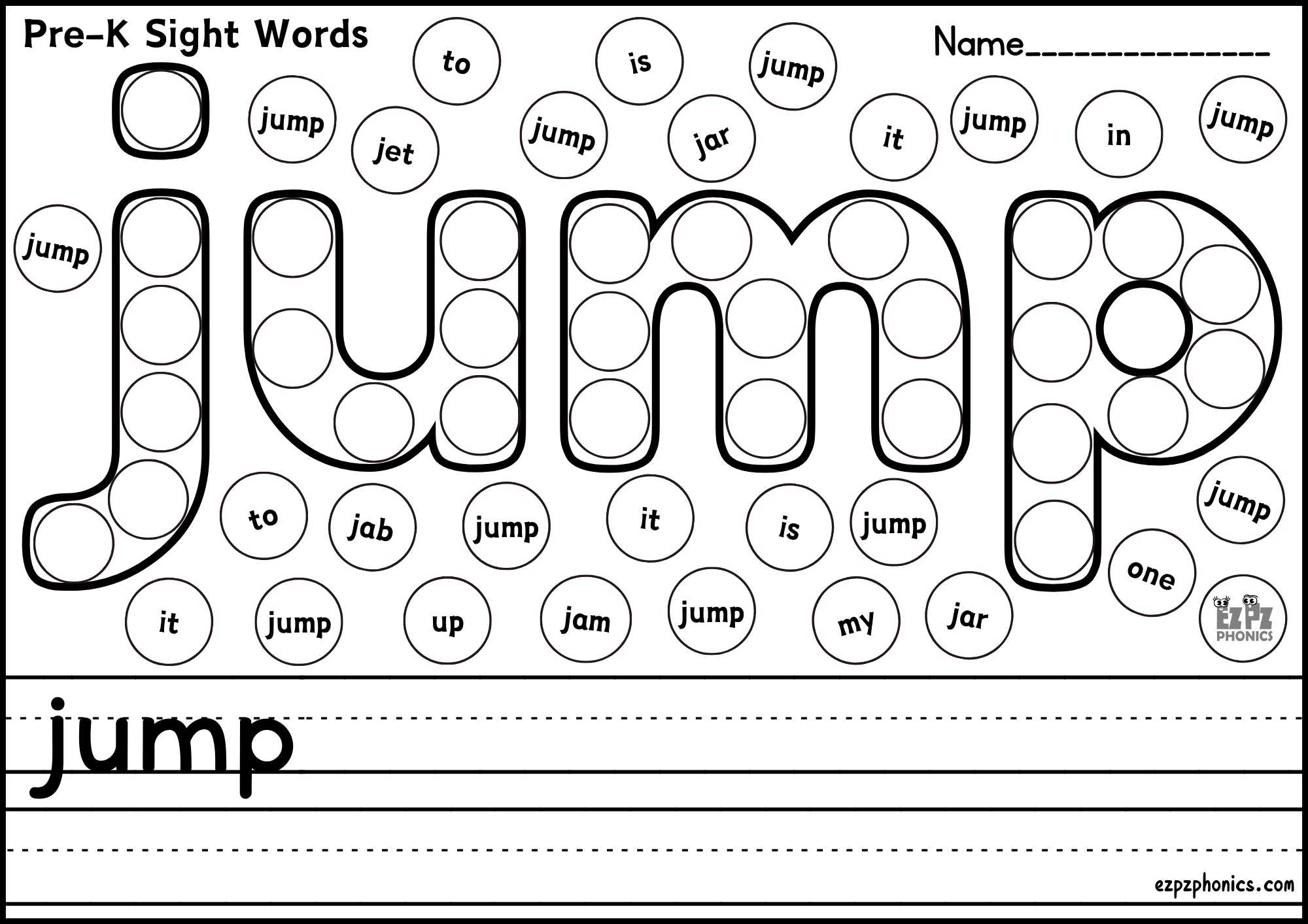 "Jump" Dolch Sight Word Dab & Write Worksheet – Fun Phonics Practice ...