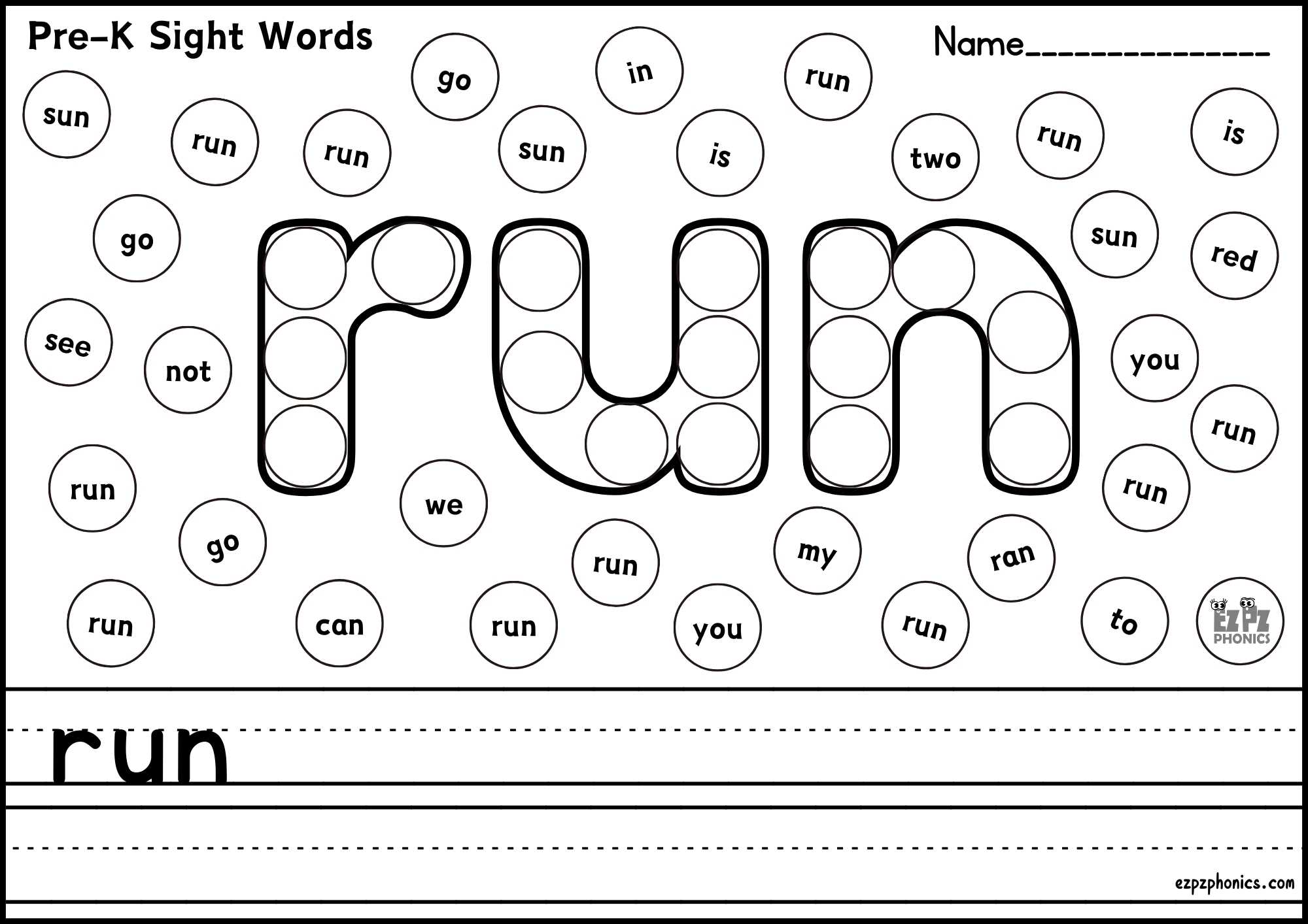 "Run" Sight Word Dab & Write Worksheet – Fun & Engaging Phonics ...