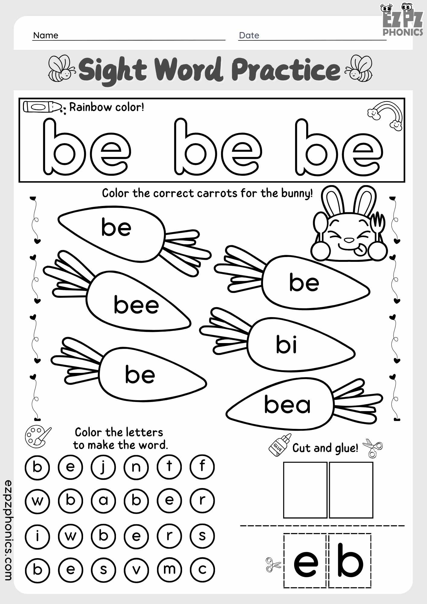 "Be" Kindergarten Sight Word Coloring and Cut and Paste Activities ...