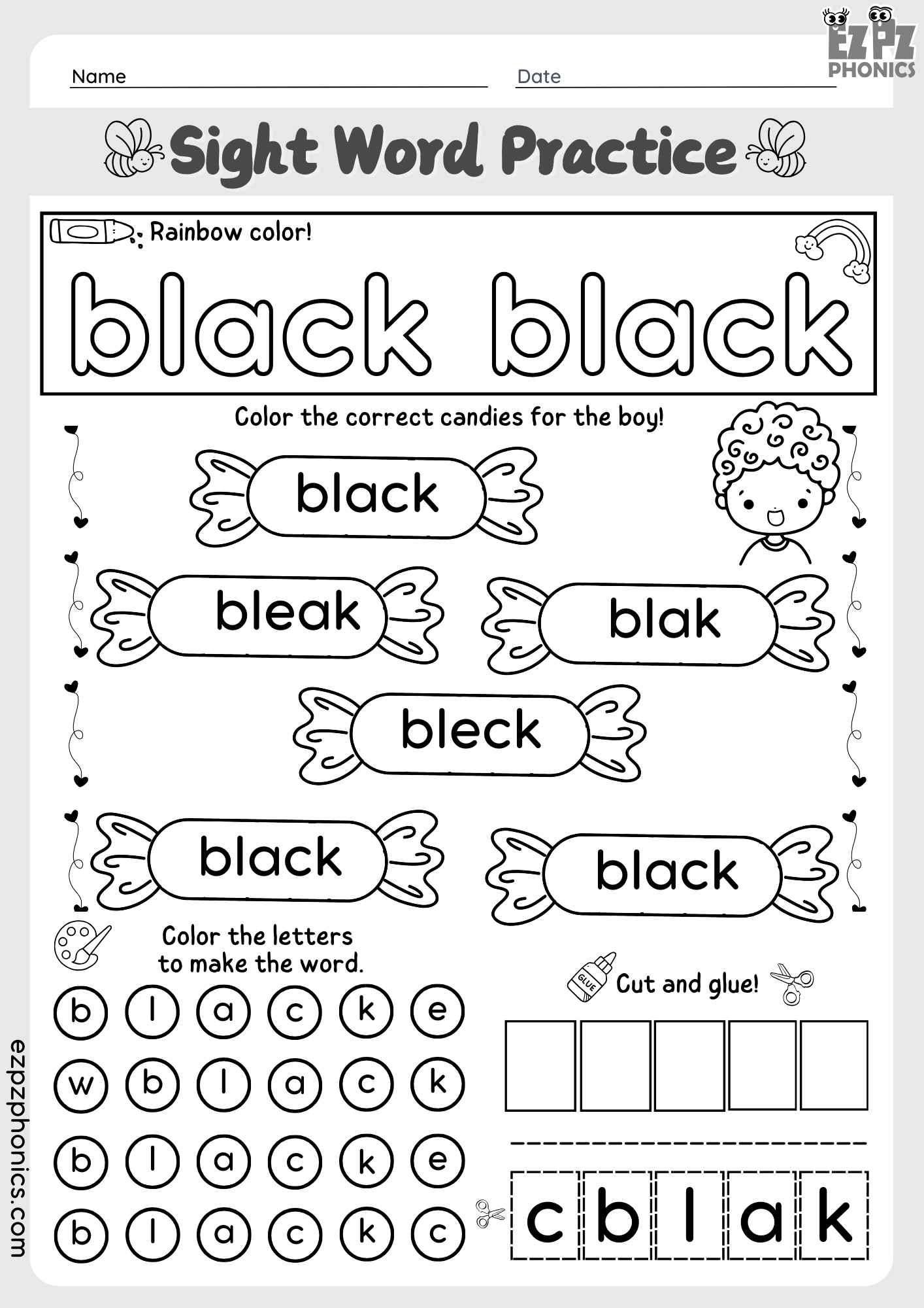 "Black" Kindergarten Sight Word Coloring and Cut and Paste Activities ...