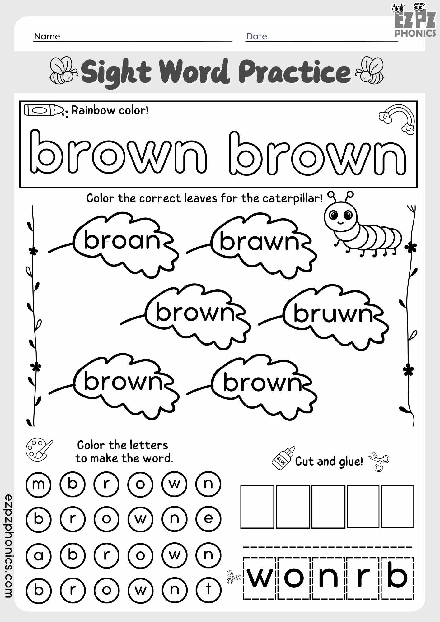 "Brown" Kindergarten Sight Word Coloring and Cut and Paste Activities ...