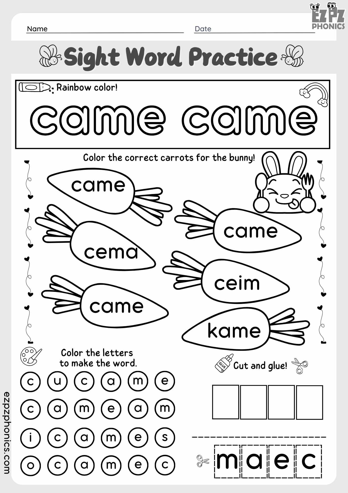 "Came" Kindergarten Sight Word Coloring and Cut and Paste Activities ...