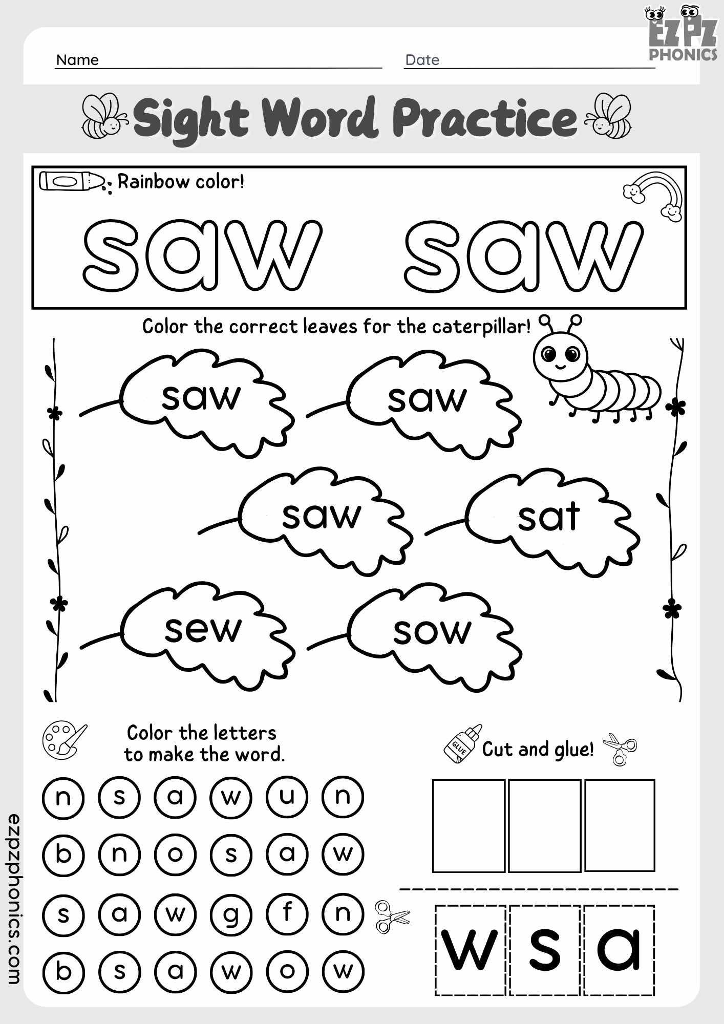 "Saw" Kindergarten Sight Word Coloring and Cut and Paste Activities PDF ...