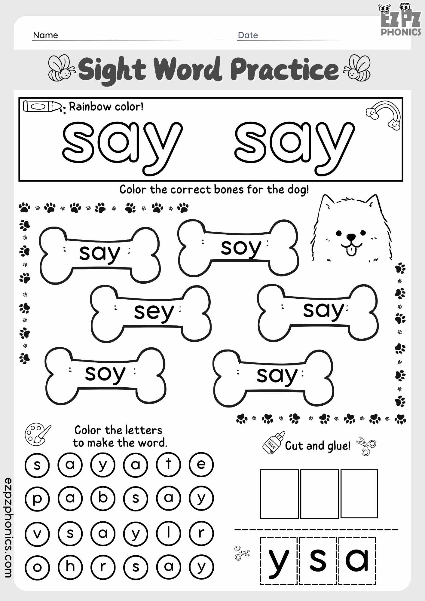 "Say" Kindergarten Sight Word Coloring and Cut and Paste Activities PDF ...