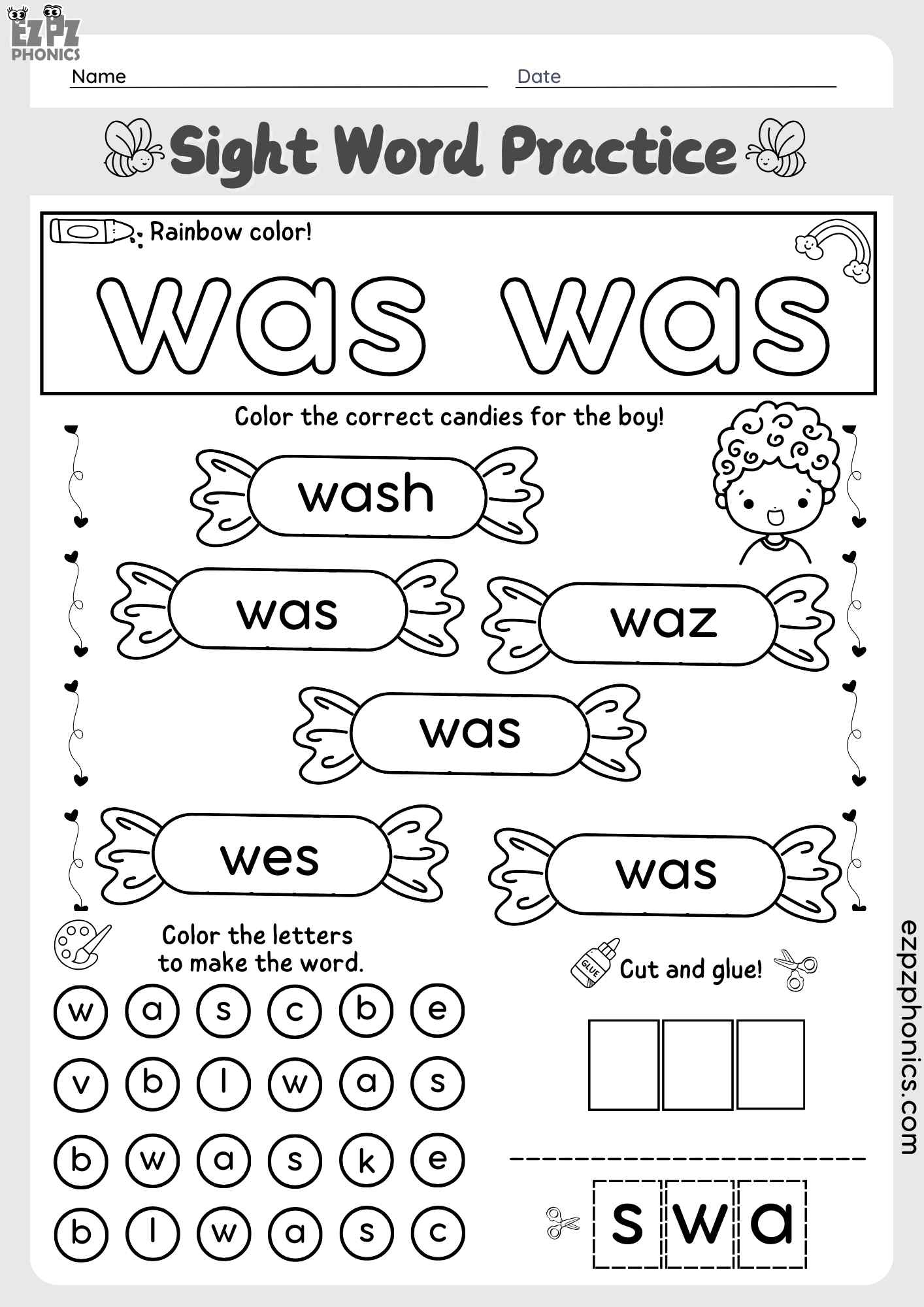 "Was" Kindergarten Sight Word Coloring and Cut and Paste Activities ...