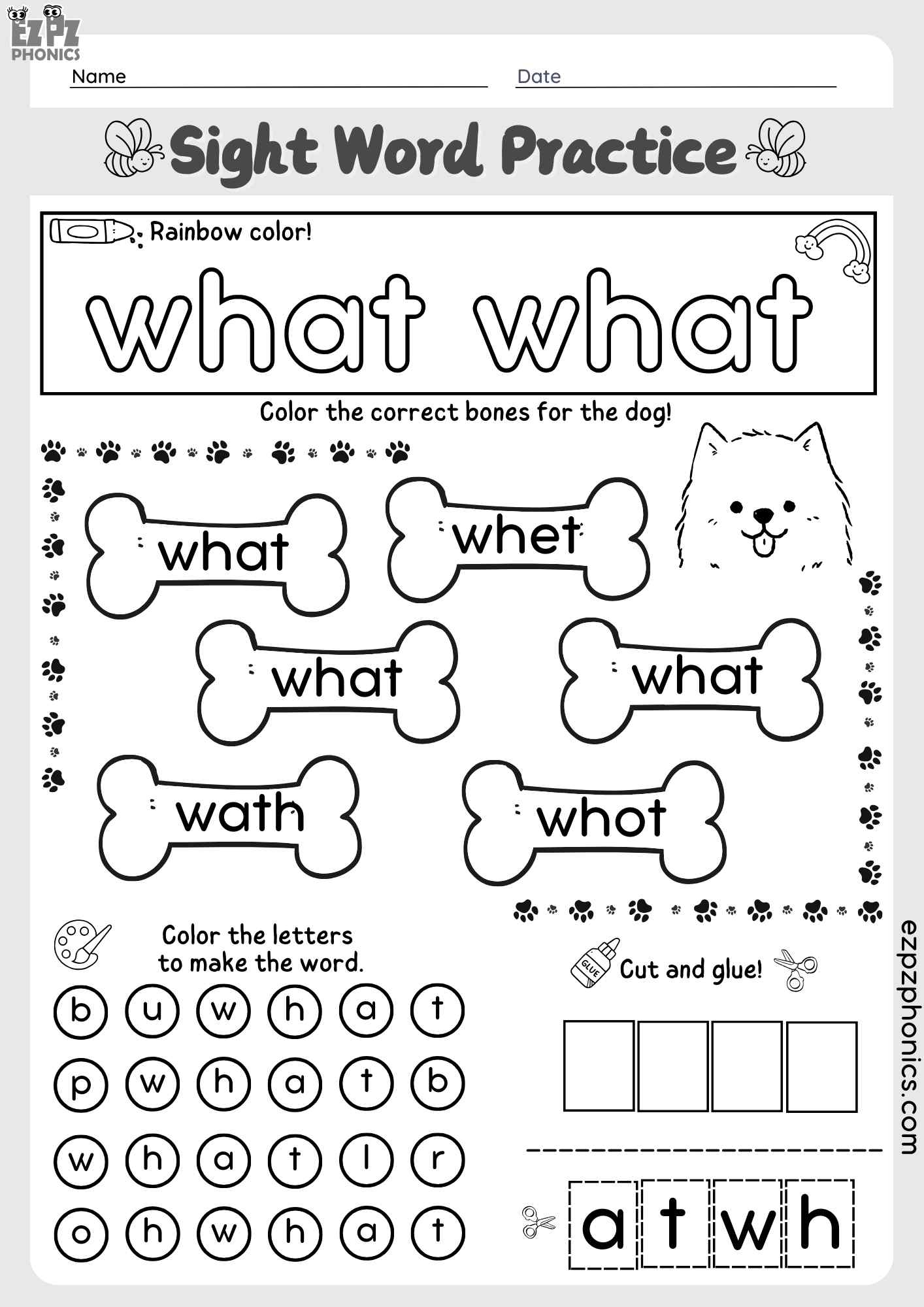 "What" Kindergarten Sight Word Coloring and Cut and Paste Activities ...