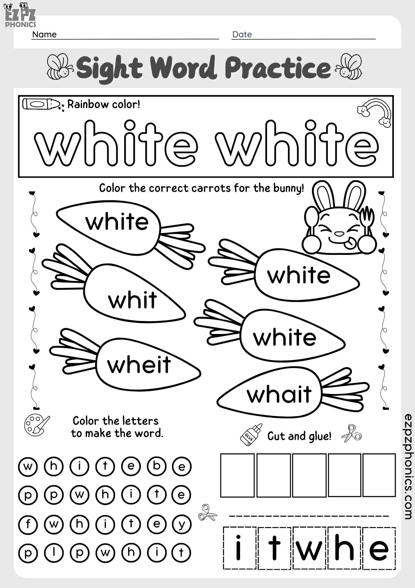 "With" Kindergarten Sight Word Coloring and Cut and Paste Activities ...
