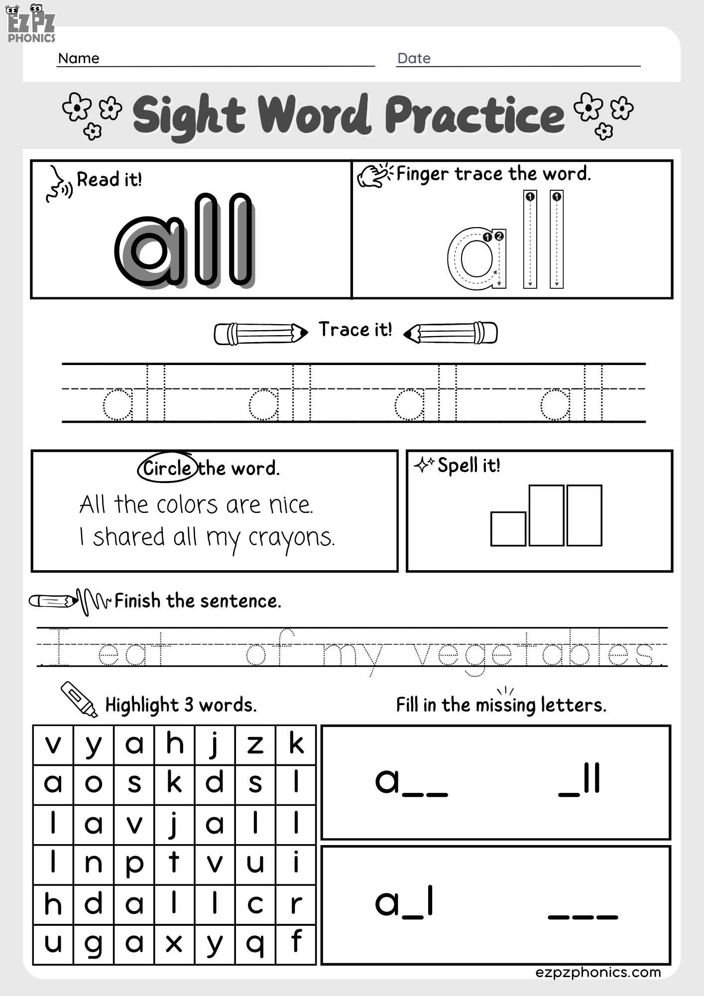 Dolch Kindergarten Sight Word “All” – Downloadable PDF Worksheet ...