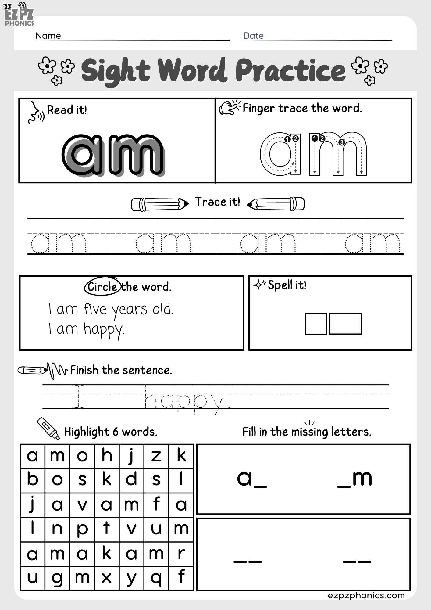 Dolch Kindergarten Sight Word “Am” – Downloadable PDF Worksheet ...