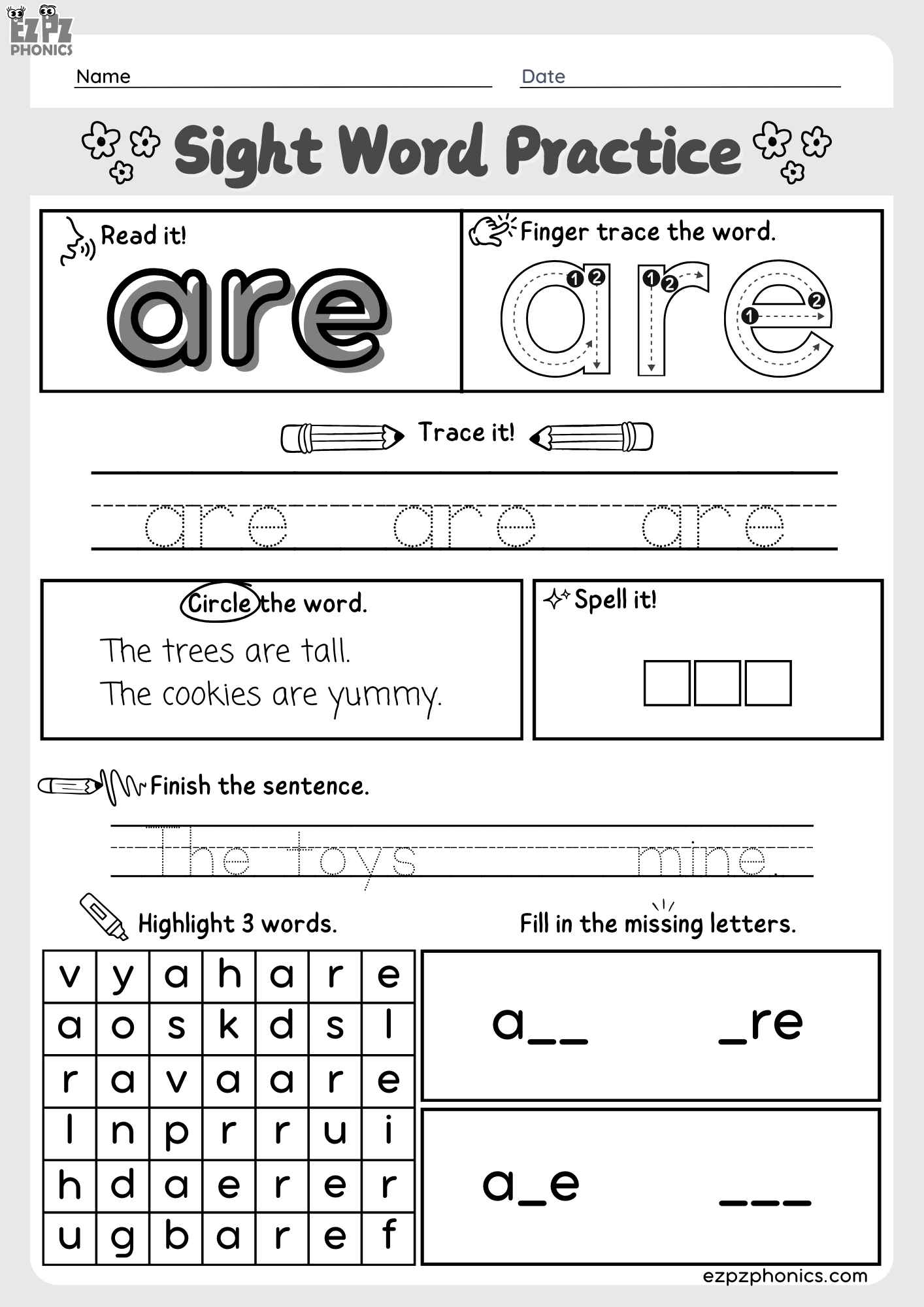 Dolch Kindergarten Sight Word “Are” – Downloadable PDF Worksheet ...