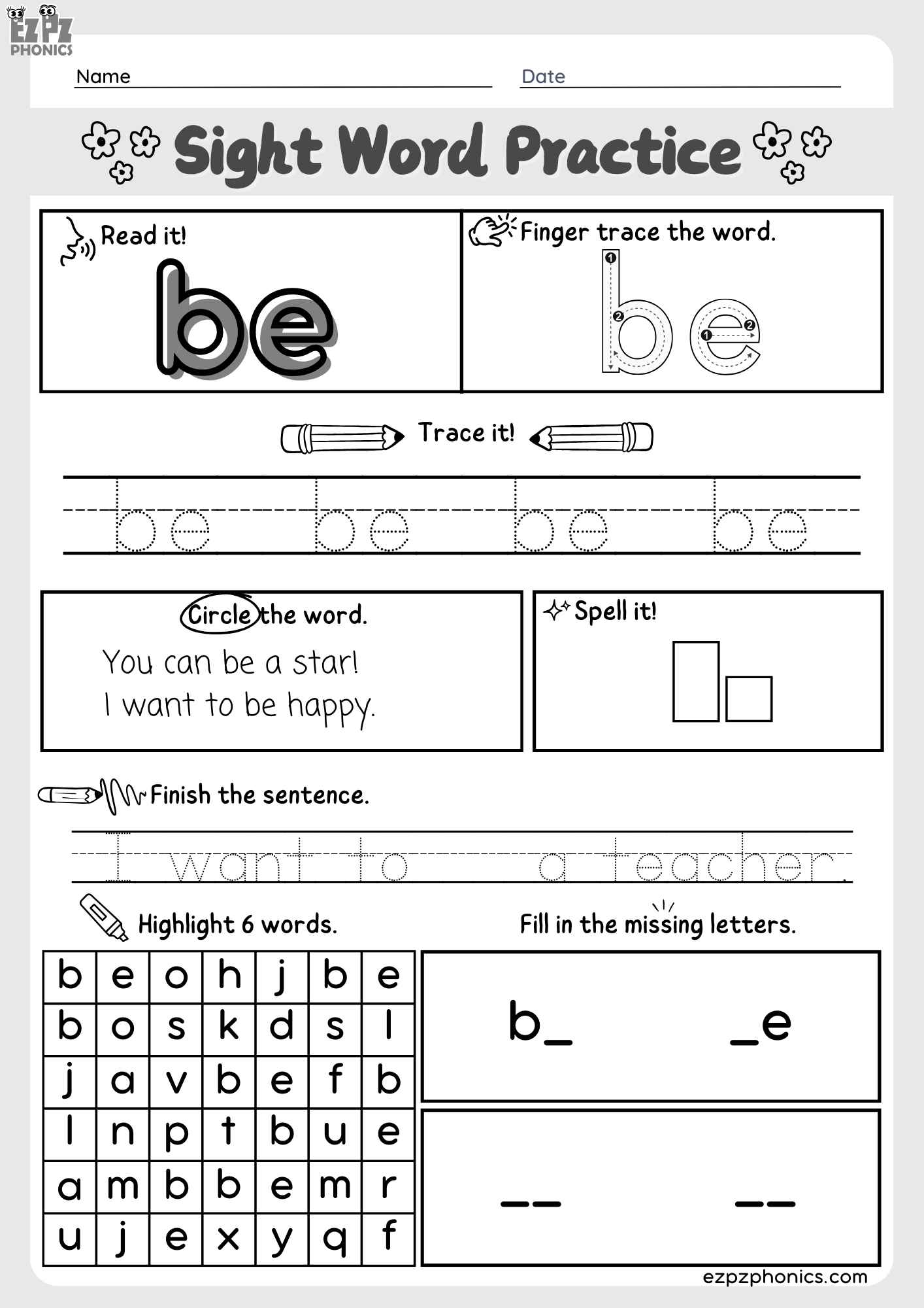 Dolch Kindergarten Sight Word “Be” – Downloadable PDF Worksheet ...