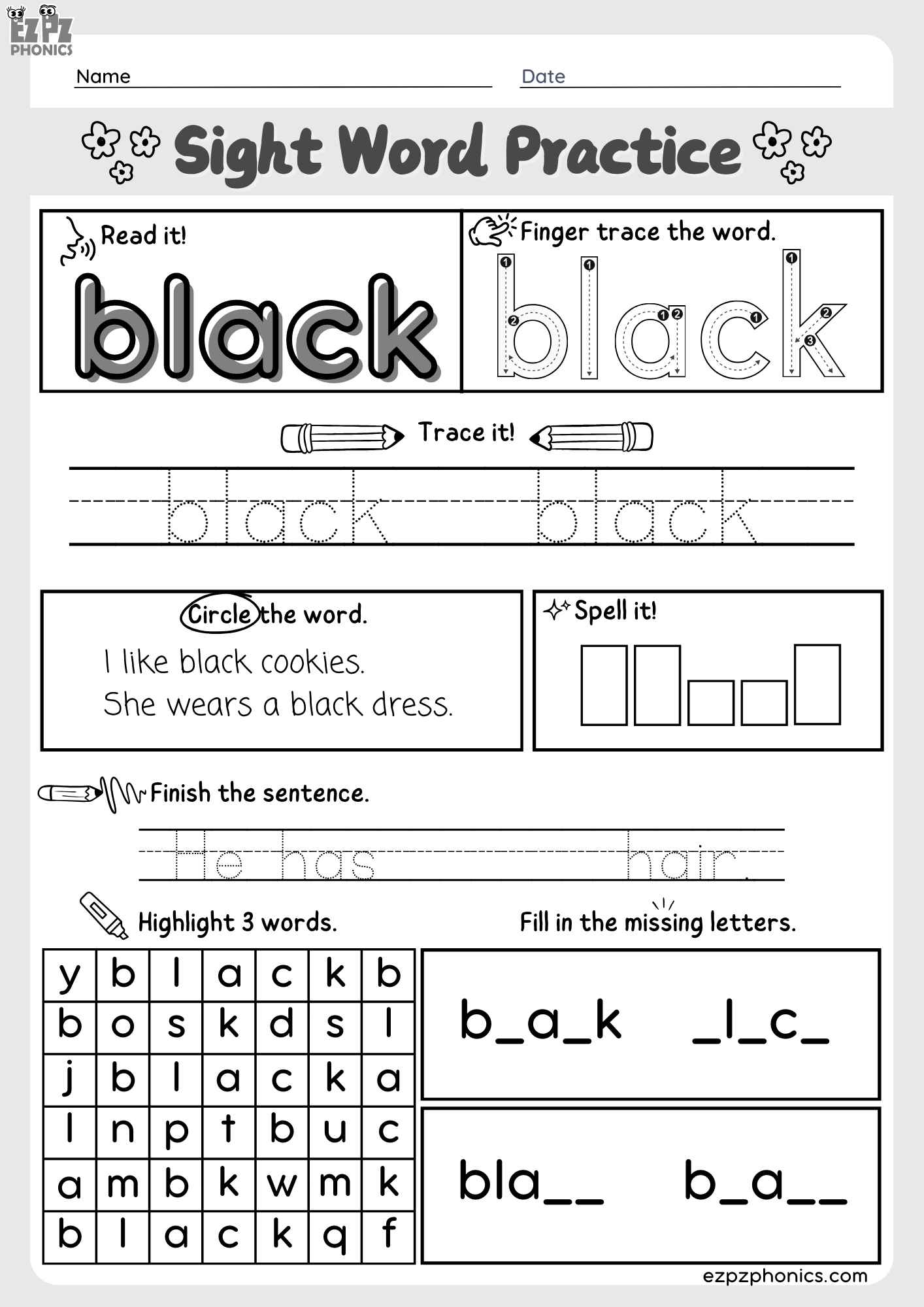Dolch Kindergarten Sight Word “Black” – Downloadable PDF Worksheet ...
