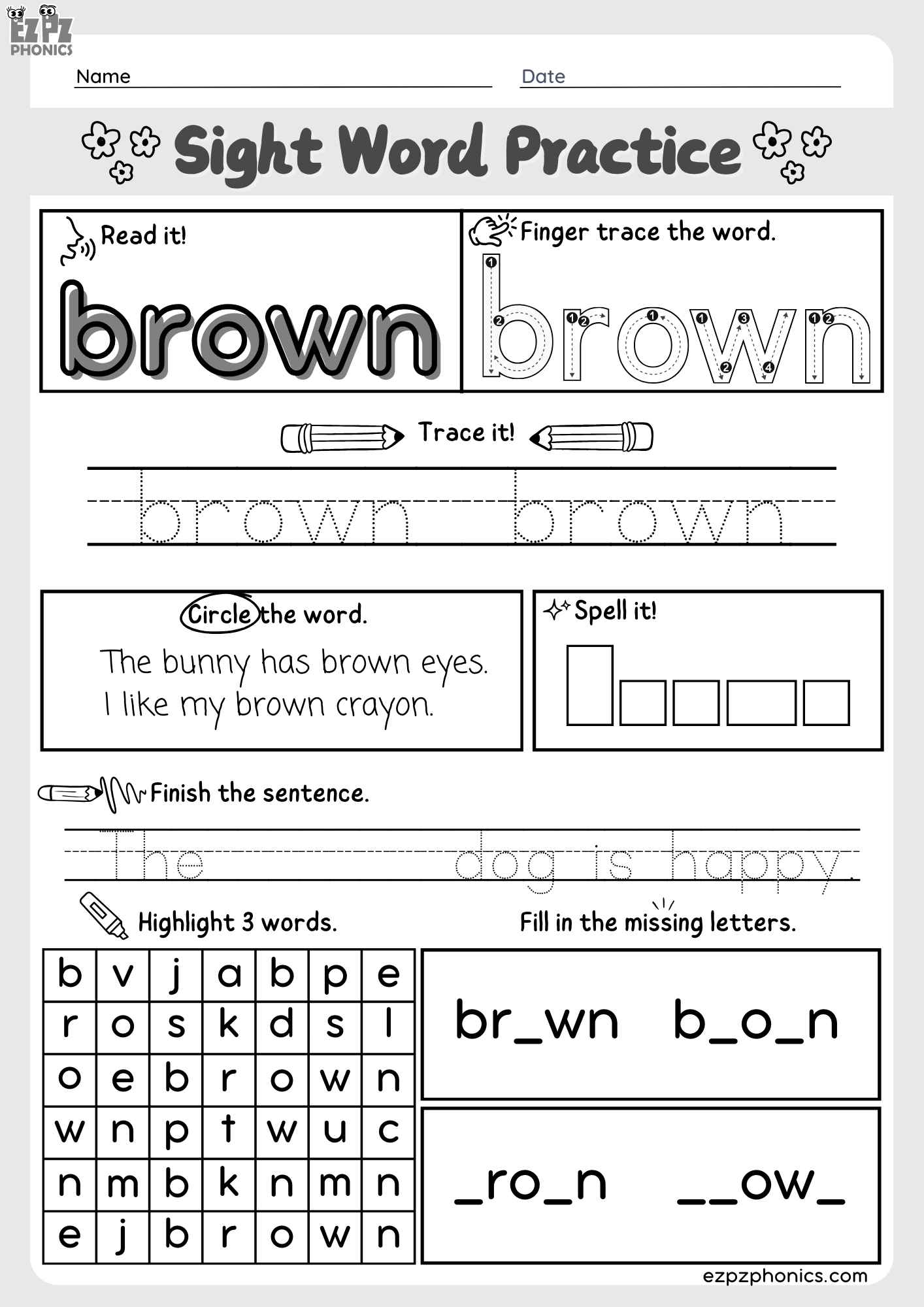 Dolch Kindergarten Sight Word “Brown” – Downloadable PDF Worksheet ...