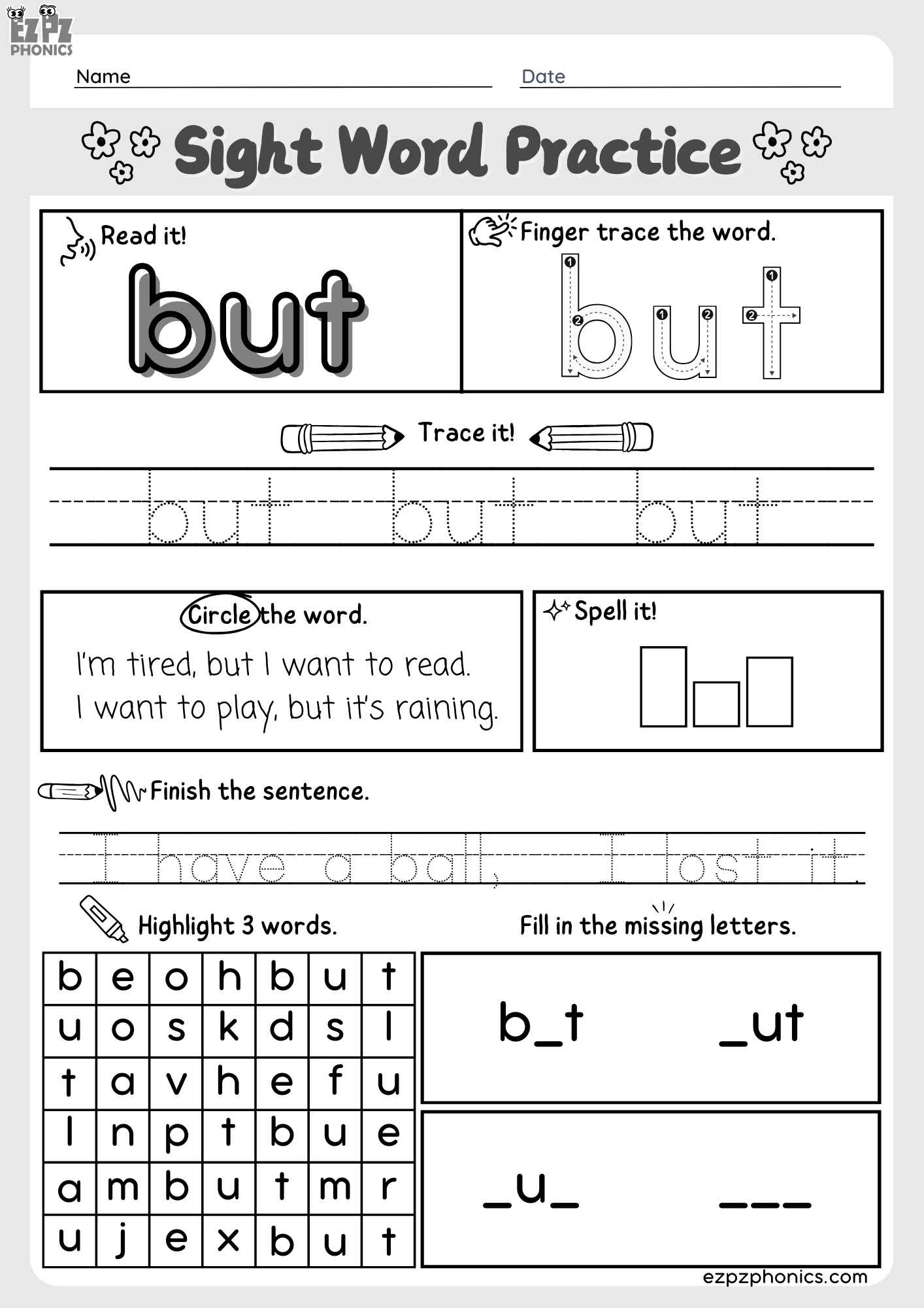Dolch Kindergarten Sight Word “But” – Downloadable PDF Worksheet ...