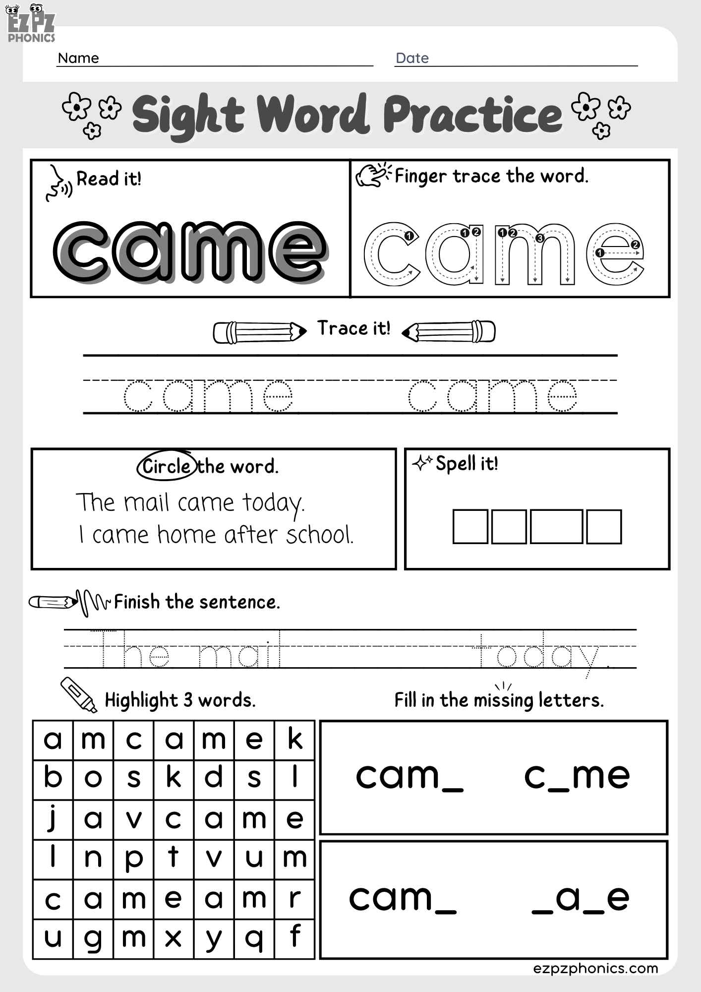 Dolch Kindergarten Sight Word “Came” – Downloadable PDF Worksheet ...