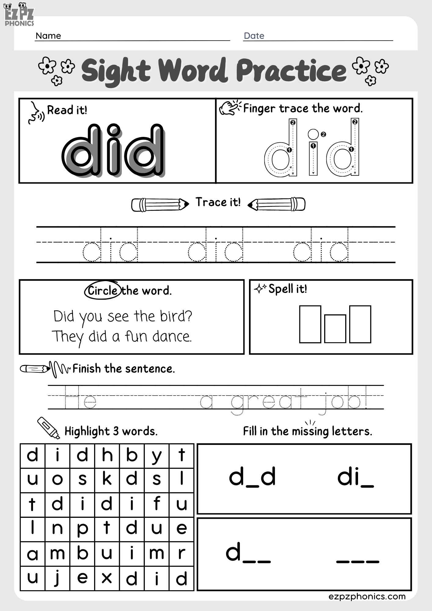 Dolch Kindergarten Sight Word “Did” – Downloadable PDF Worksheet ...