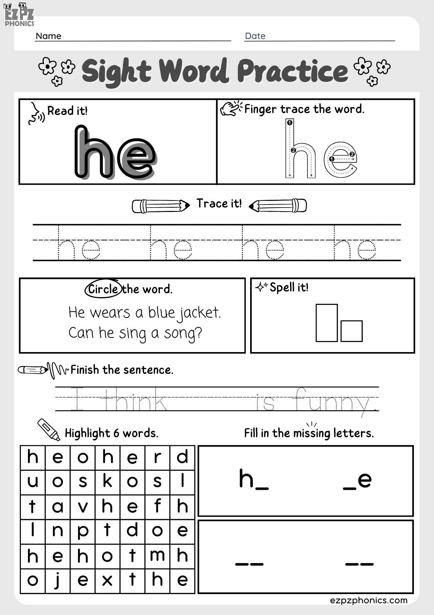 Dolch Kindergarten Sight Word "He" – Engaging Activities PDF Download ...