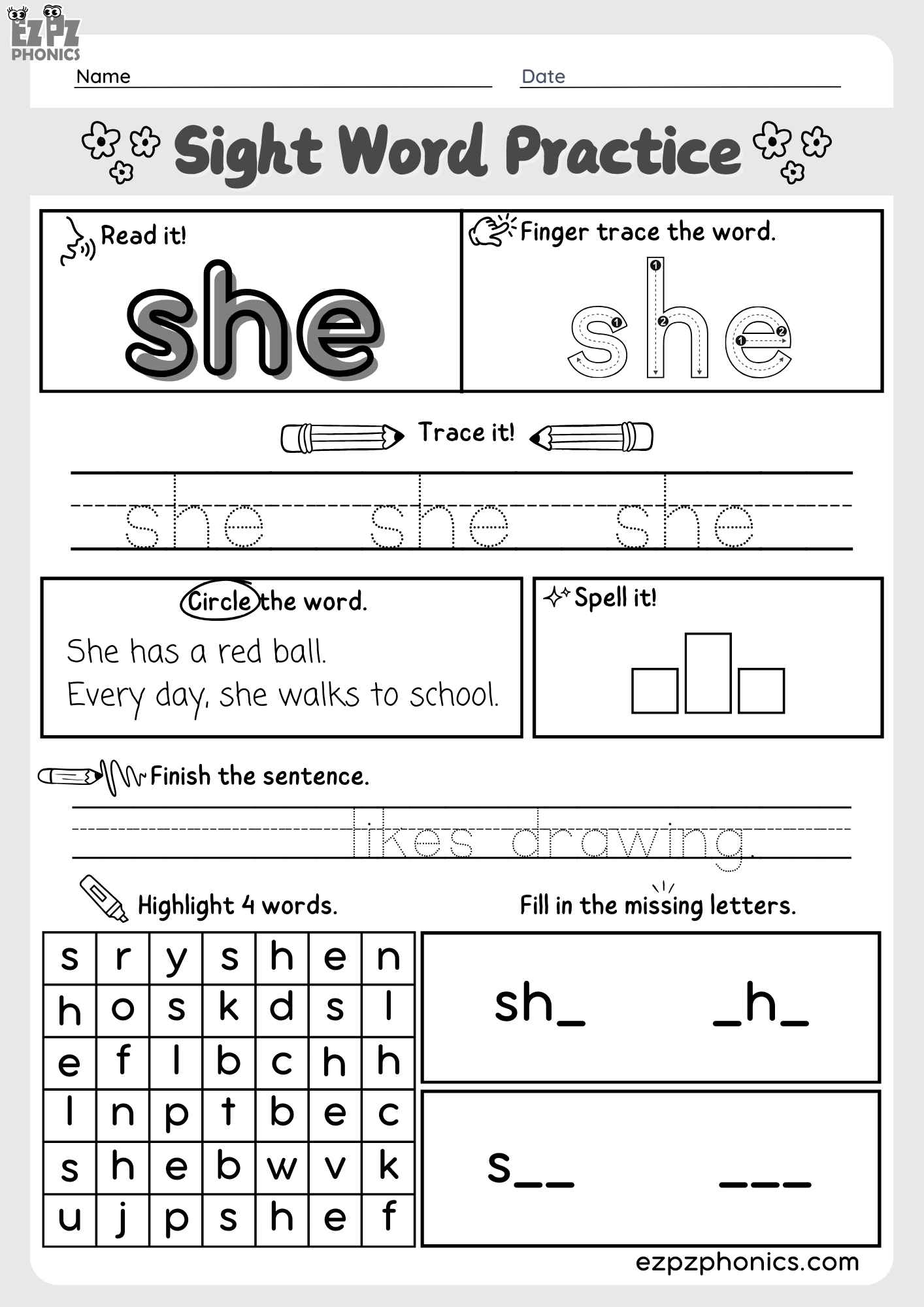 Dolch Kindergarten Sight Word "She" – Engaging Activities PDF Download ...