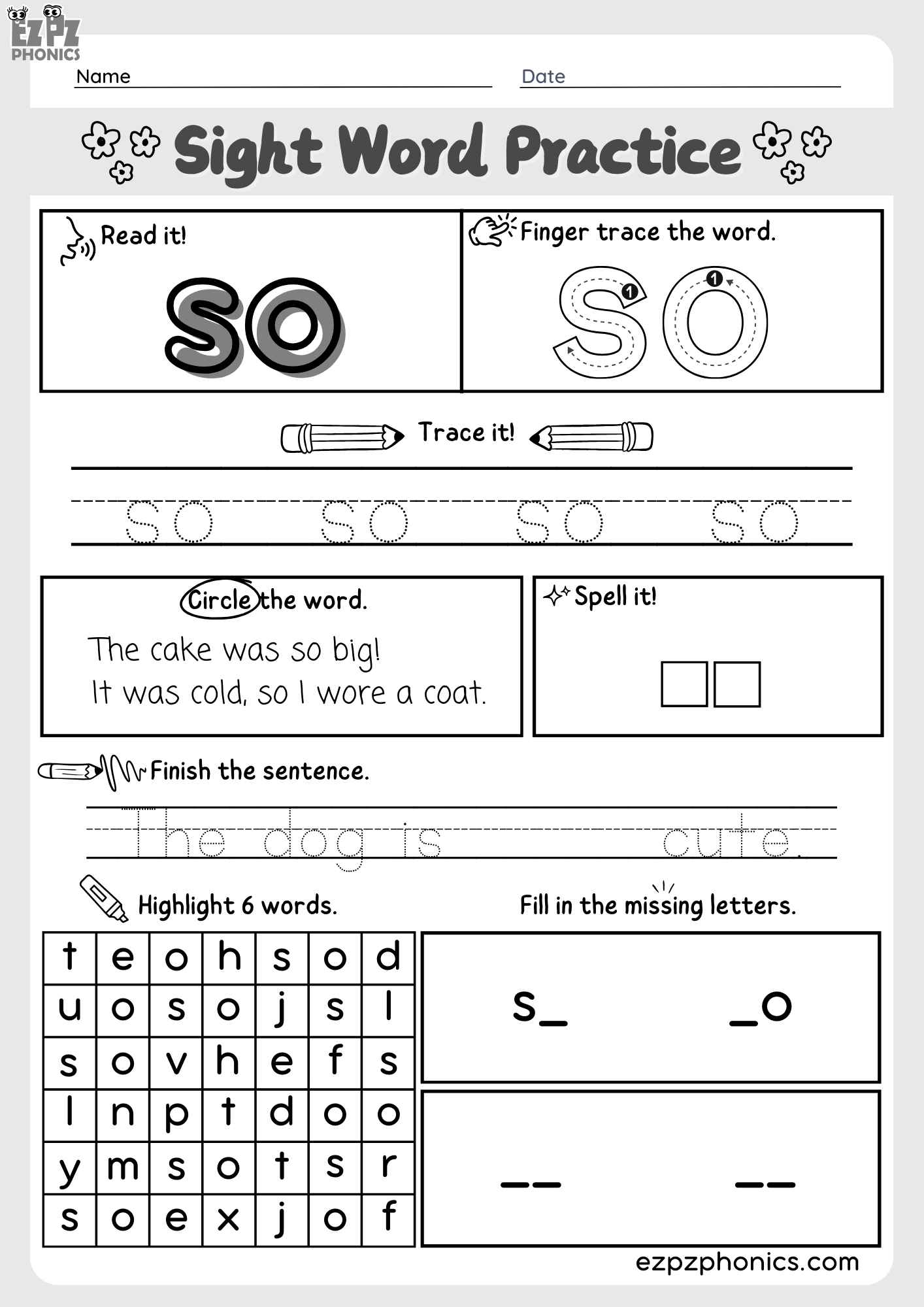 Dolch Kindergarten Sight Word "So" – Engaging Activities PDF Download ...