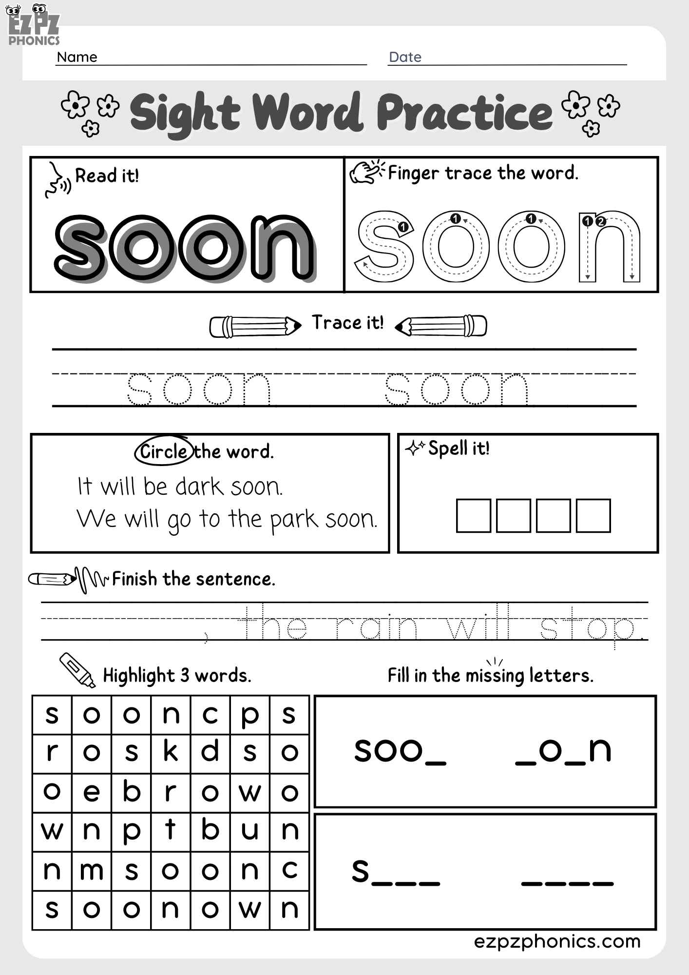 Dolch Kindergarten Sight Word "Soon" – Fun and Interactive PDF ...