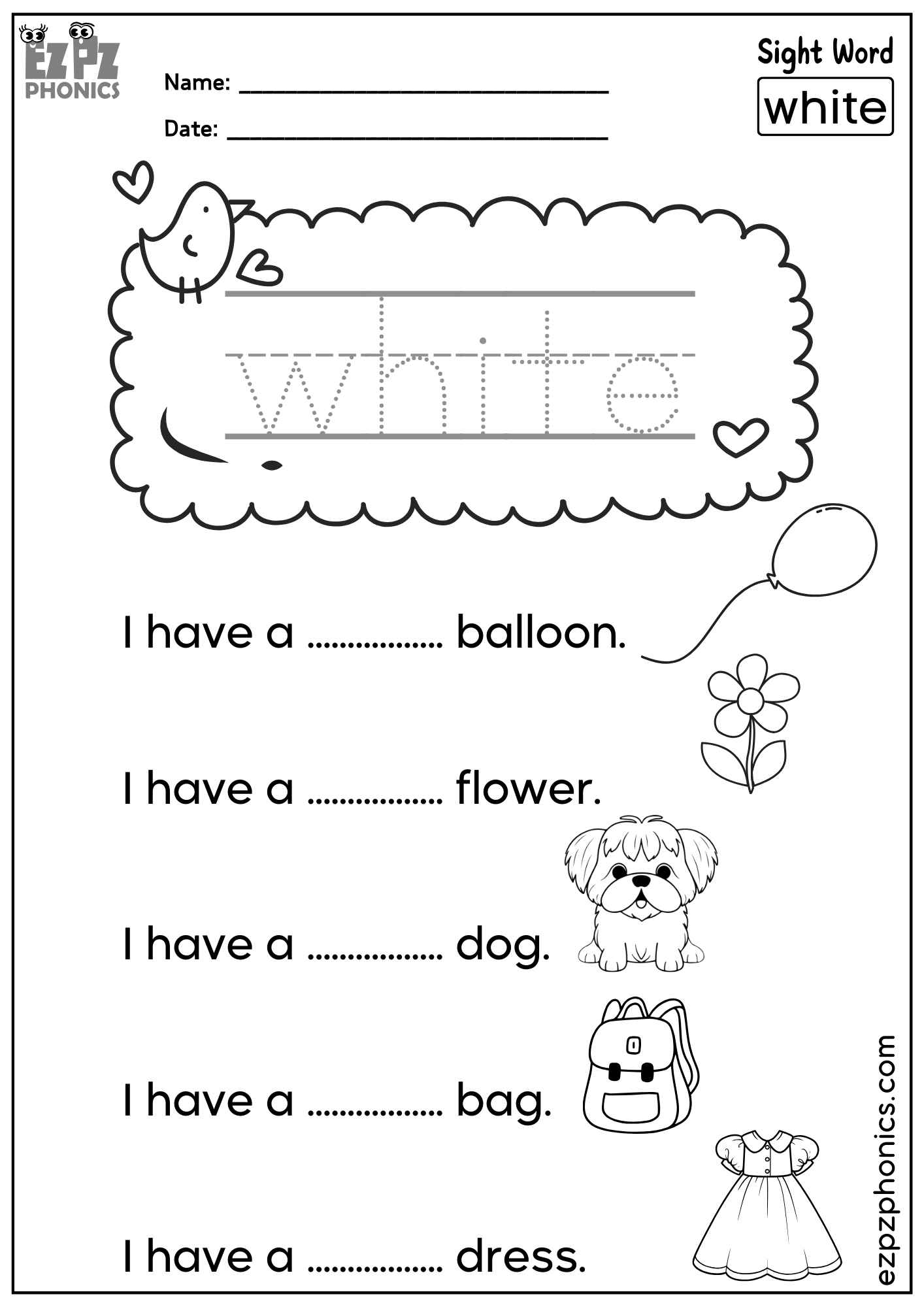 Sight Word Worksheet: "White" – Fun High-Frequency Word Practice for ...