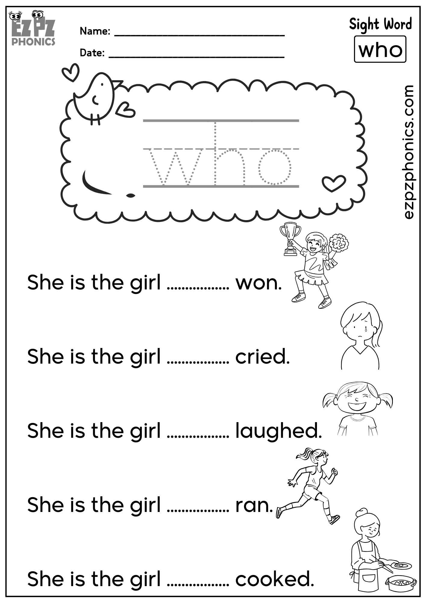 Sight Word Worksheet: "Who" – Fun High-Frequency Word Practice for ...