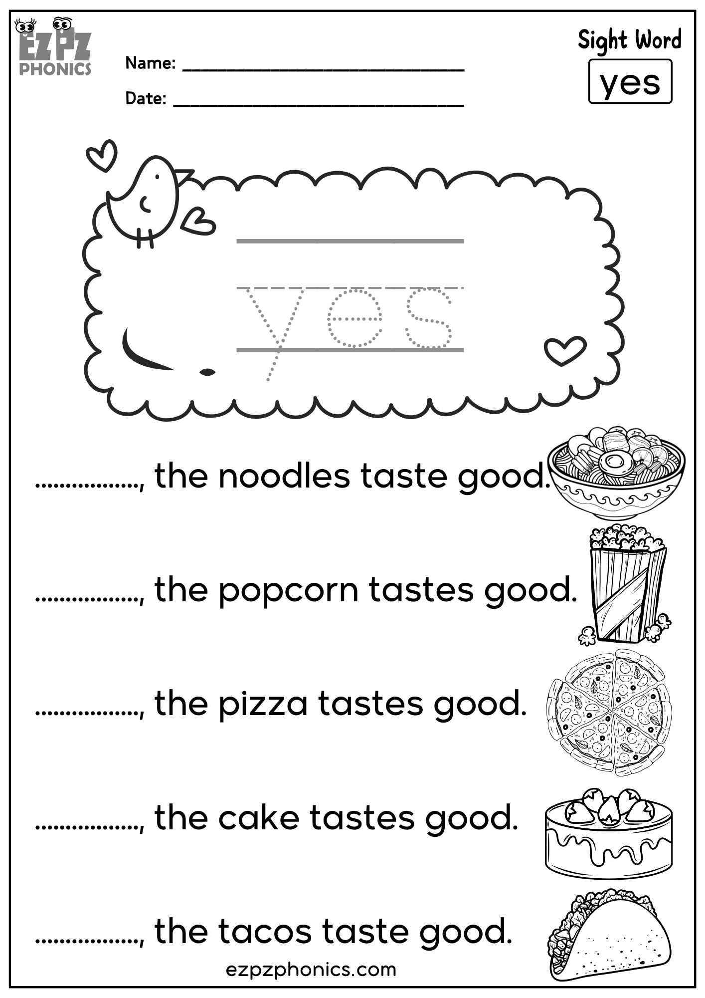 Sight Word Worksheet: "Yes" – Fun High-Frequency Word Practice for ...