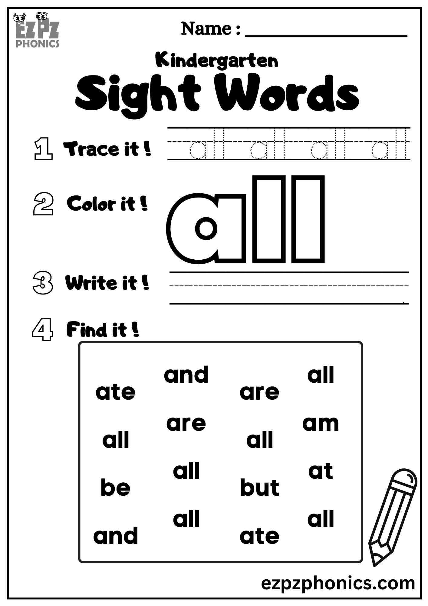 "All" Dolch Kindergarten Sight Word Worksheet PDF Download ...