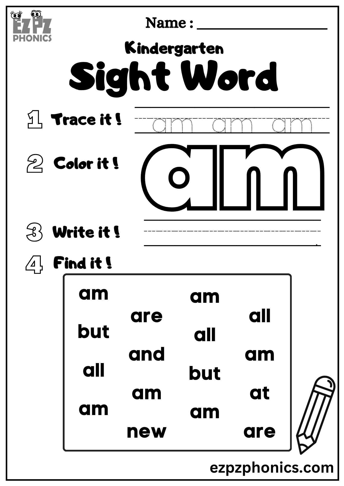 "Am" Dolch Kindergarten Sight Word Worksheet PDF Download - ezpzphonics.com