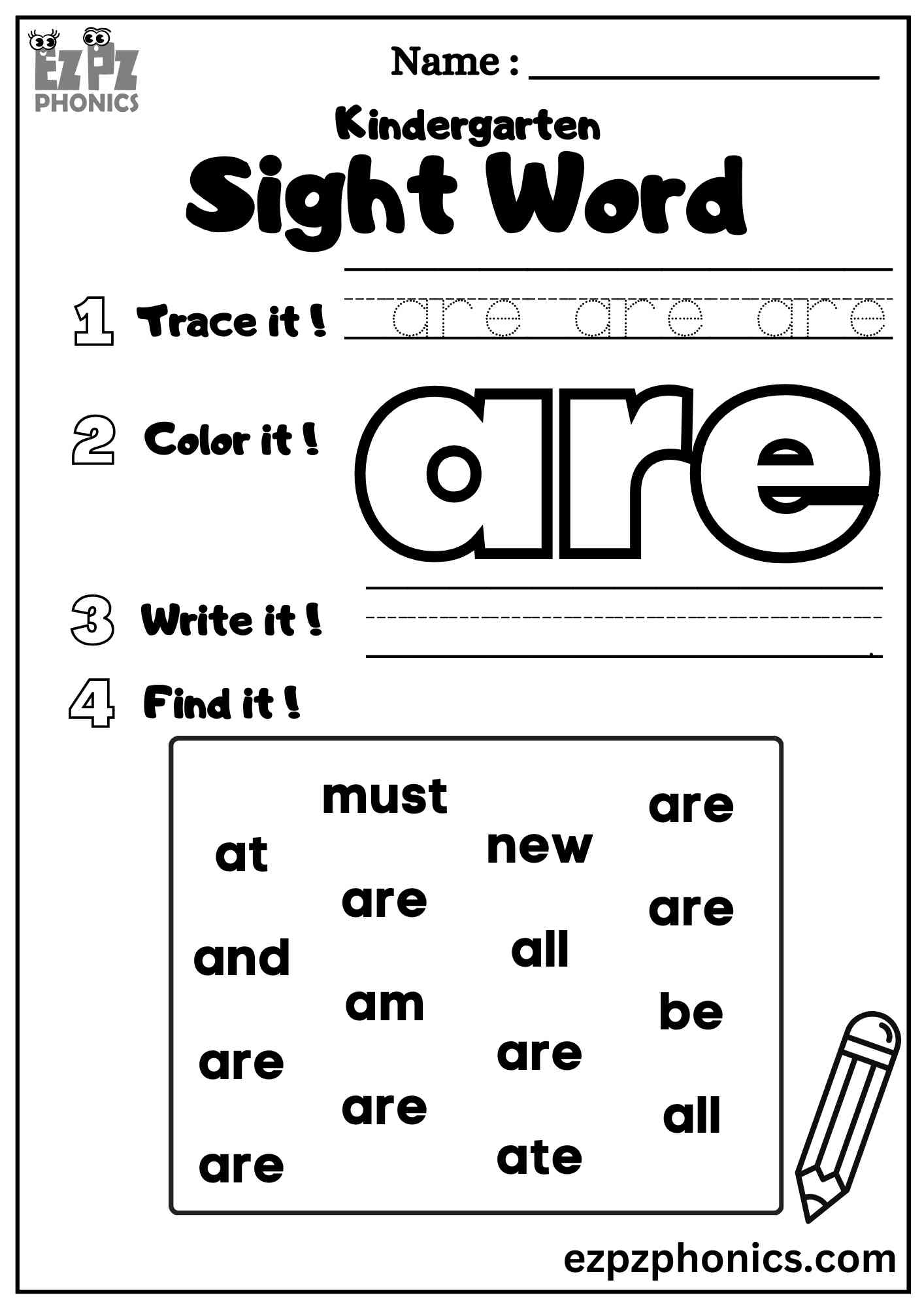 "Are" Dolch Kindergarten Sight Word Trace, Color and Write Worksheet ...