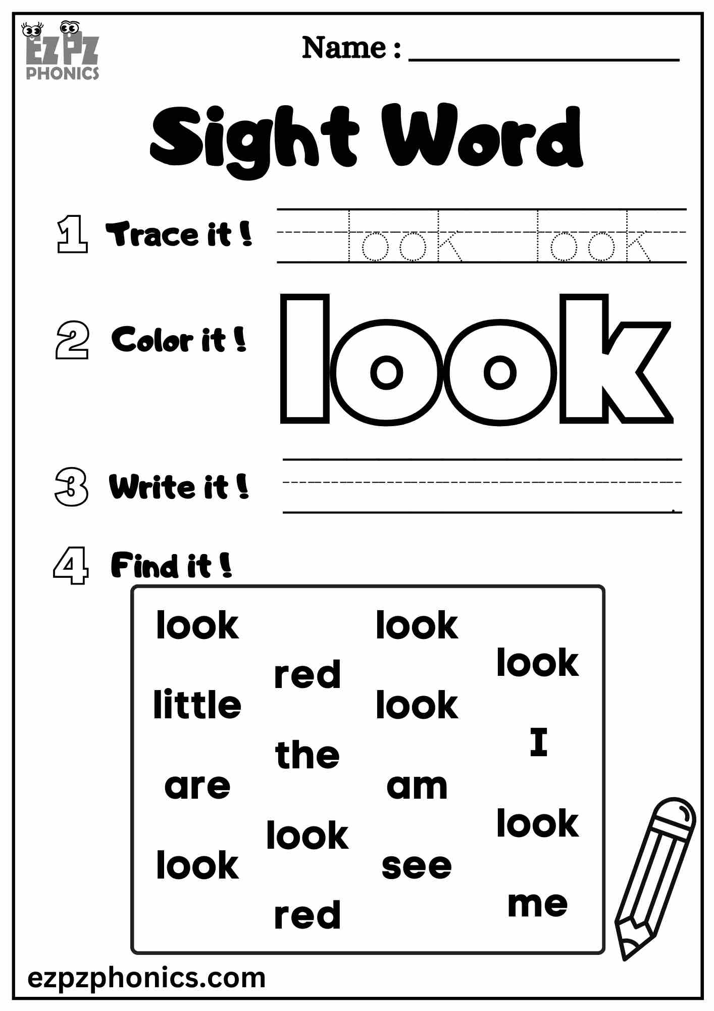 The "Look" Sight Word Worksheet for Pre-Kindergarten Students Dolch ...