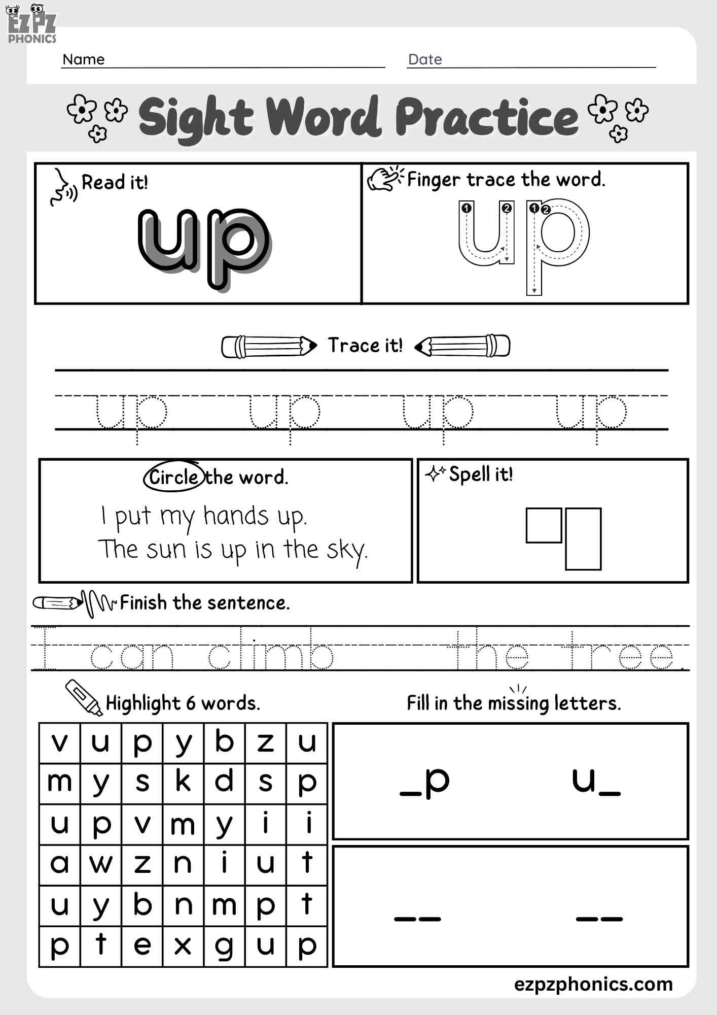 "Up" Dolch Sight Word Worksheet – Fun Activity for Early Readers ...