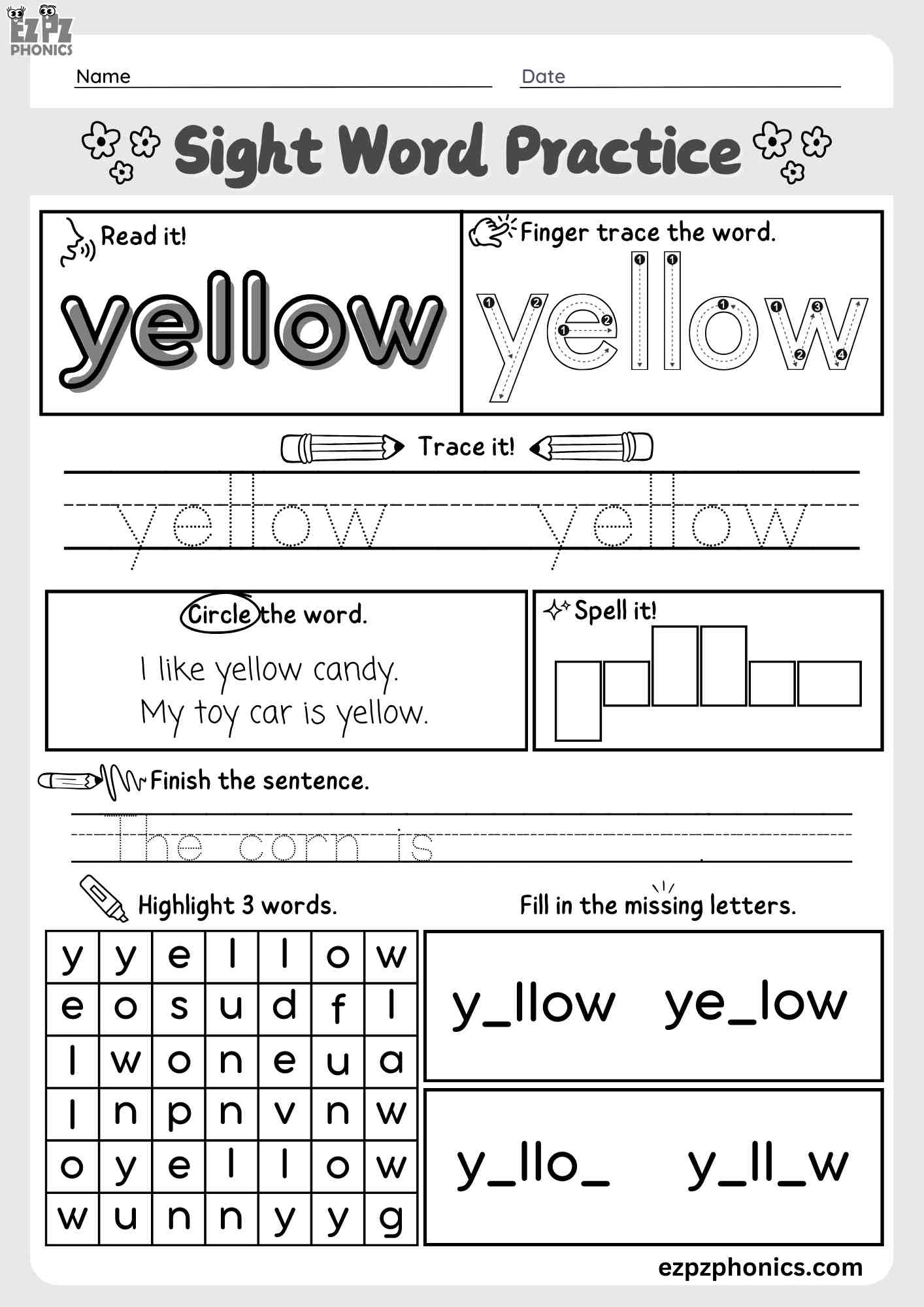 "Yellow" Dolch Sight Word Worksheet – Fun Activity for Early Readers ...