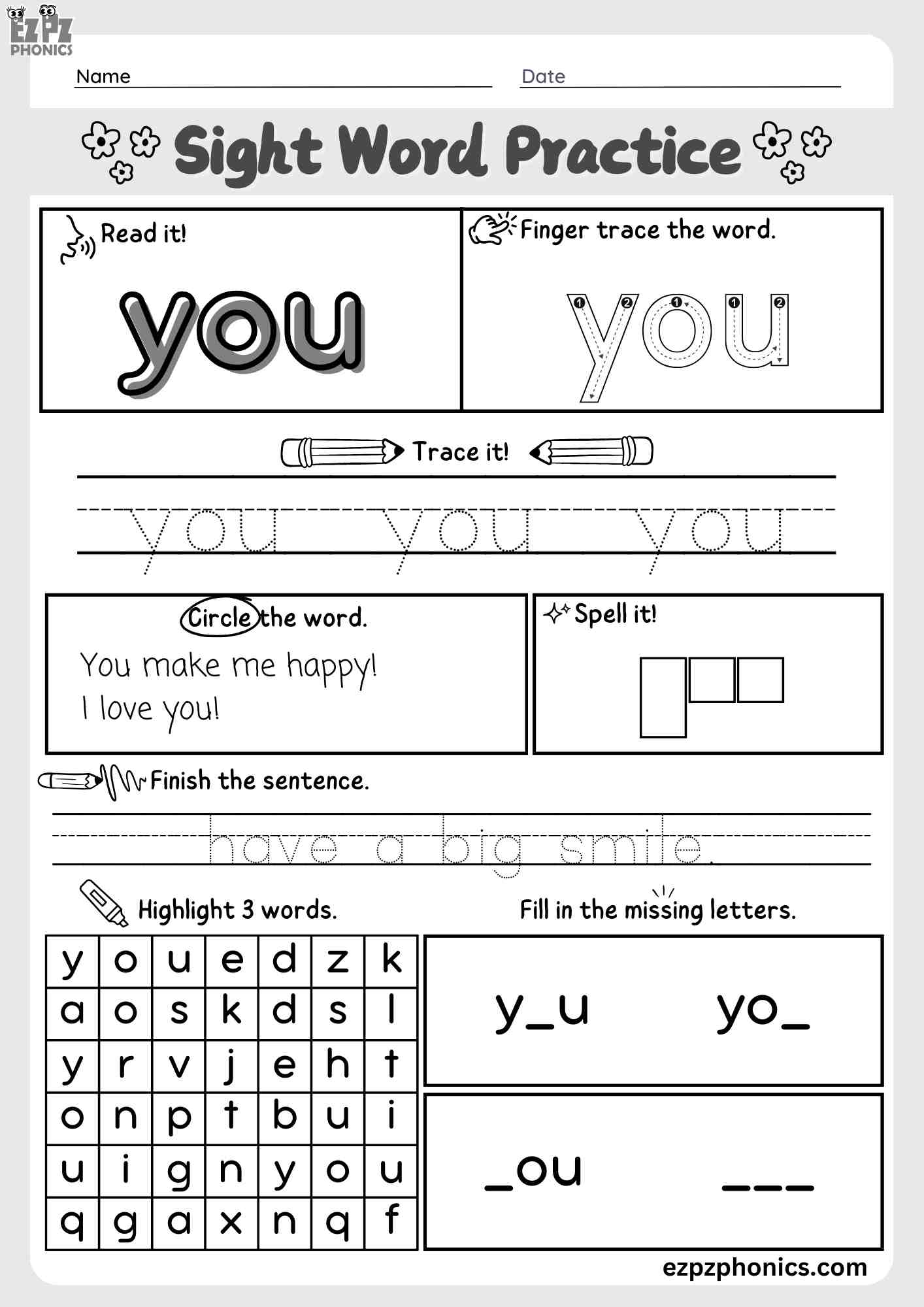 "You" Dolch Sight Word Worksheet – Fun Activity for Early Readers ...