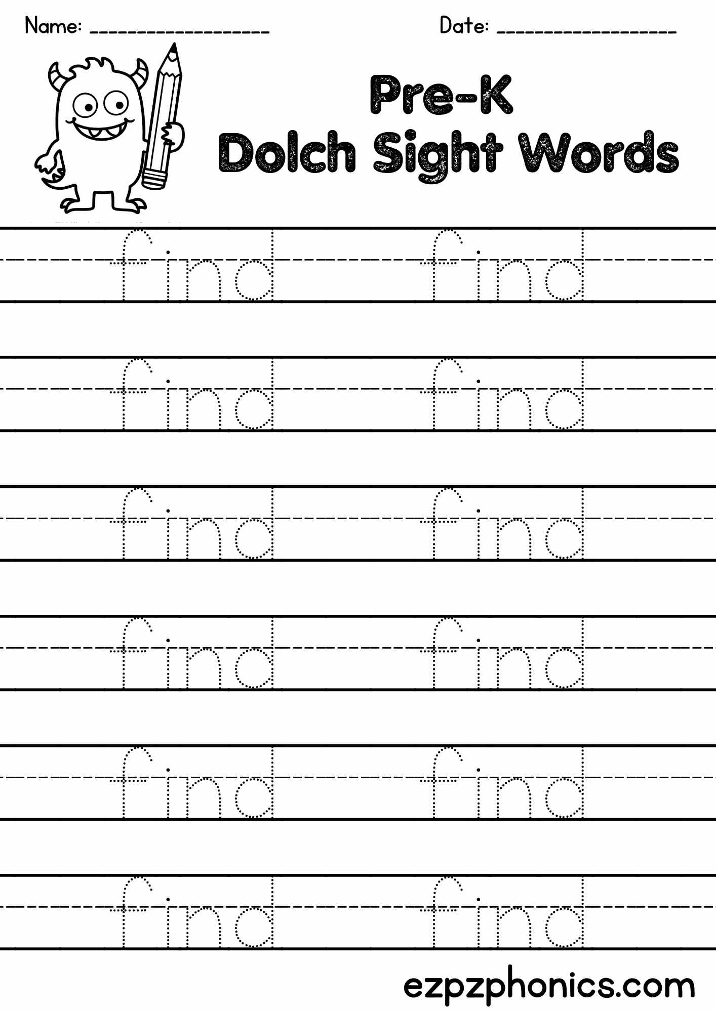 "find" Sight Word Tracing Worksheet Pre Kindergarten – Free PDF ...