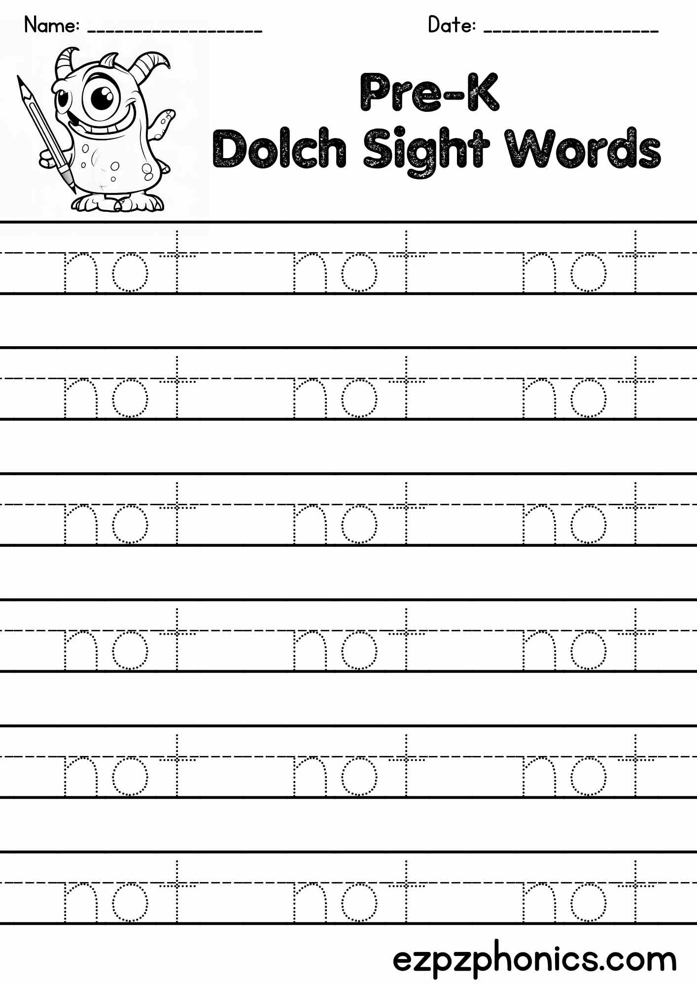 "not" Sight Word Tracing Worksheet Pre Kindergarten – Free PDF Download ...