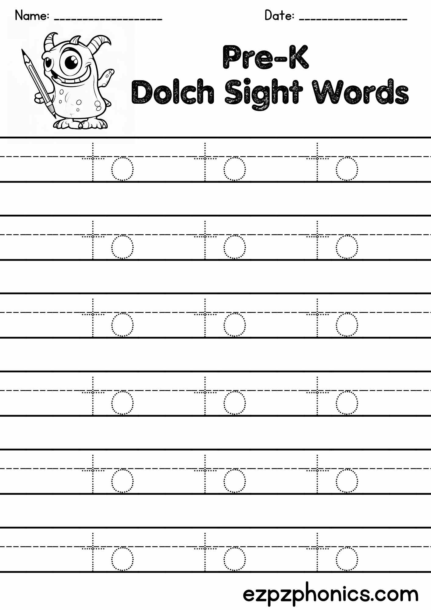 "to" Sight Word Tracing Worksheet Pre Kindergarten – Free PDF Download ...
