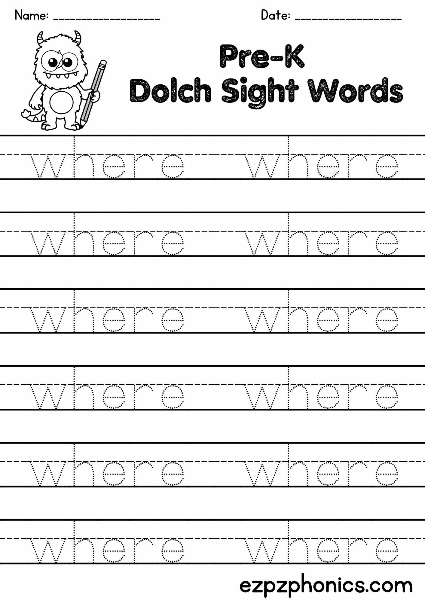 "where" Sight Word Tracing Worksheet Pre Kindergarten – Free PDF ...