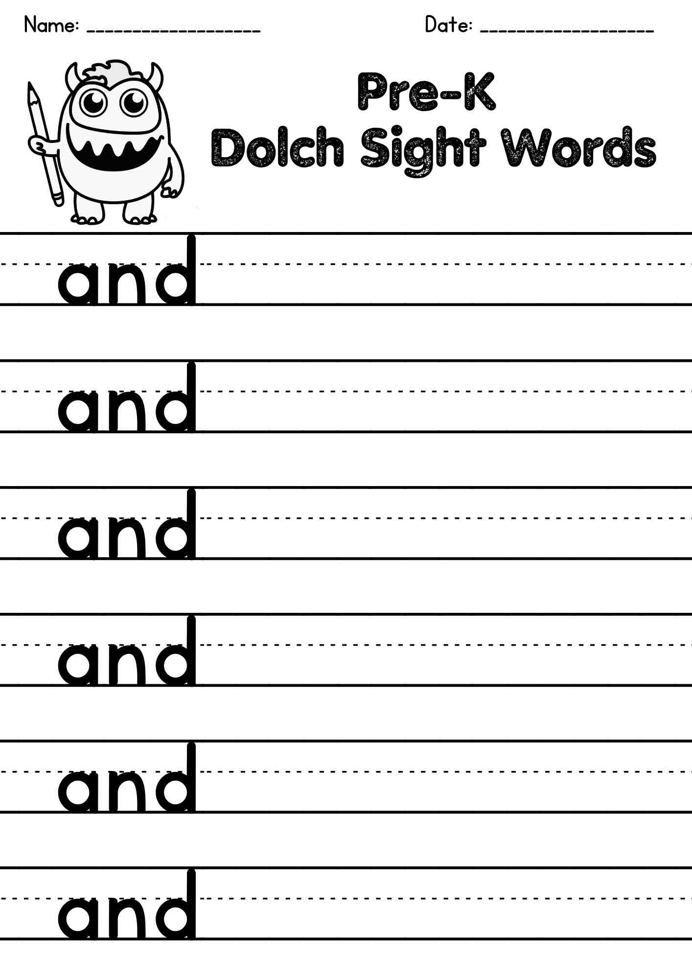 "and" Dolch Sight Word Tracing Page – Free PDF Download - ezpzphonics.com