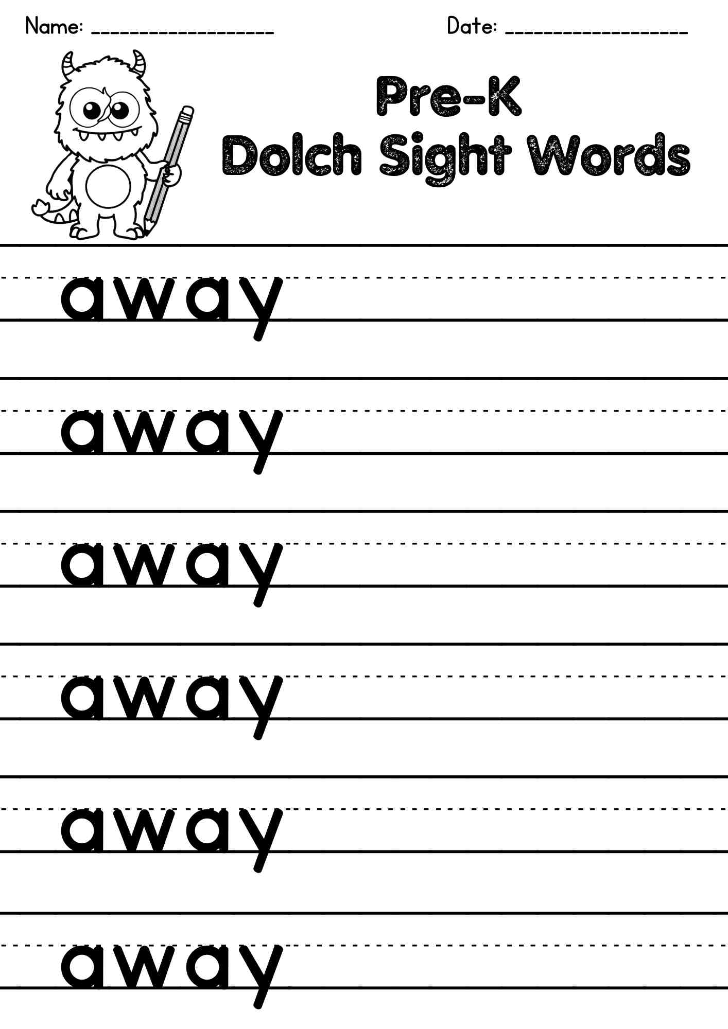 "away" Dolch Sight Word Tracing Page – Free PDF Download - ezpzphonics.com
