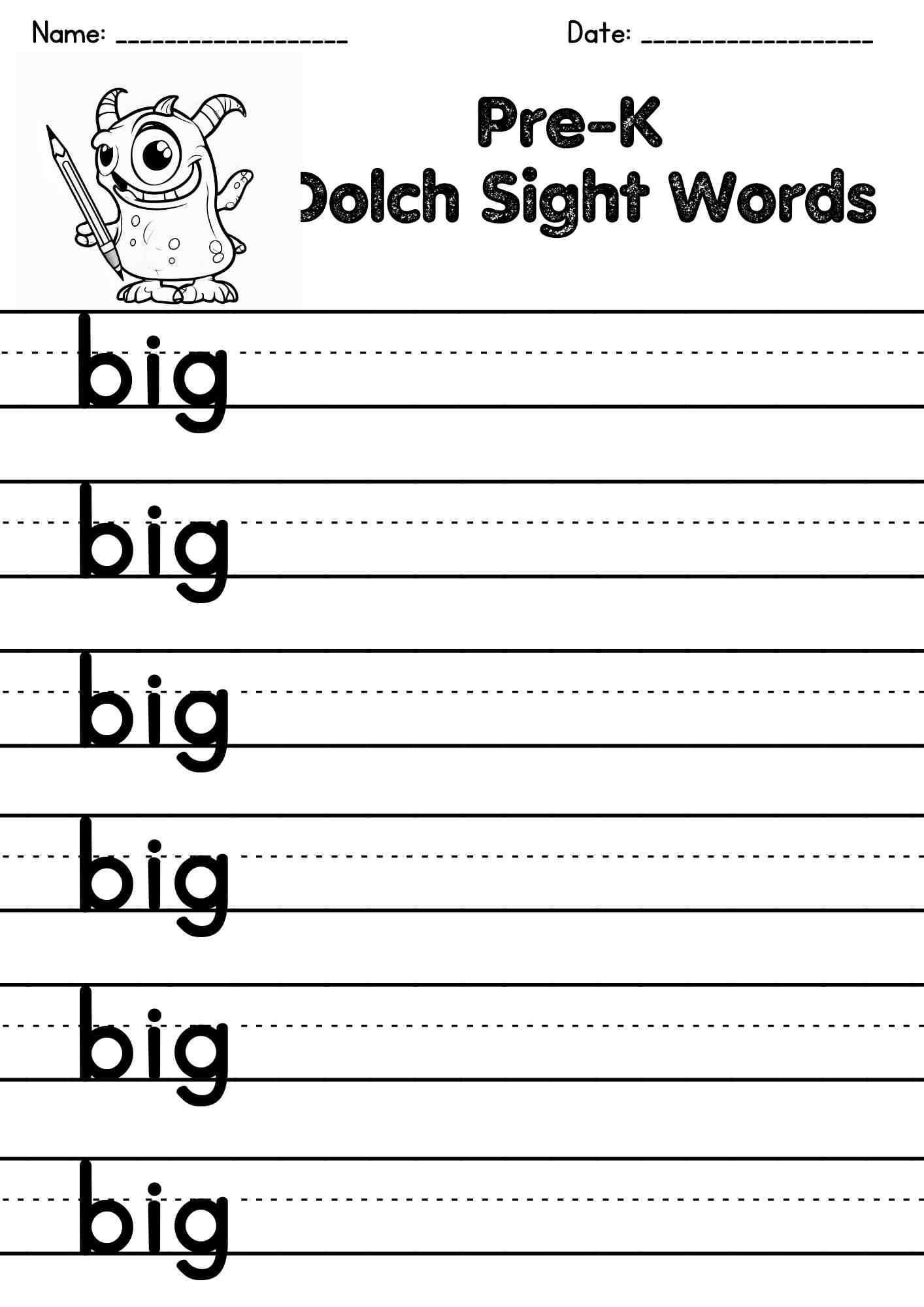 "big" Dolch Sight Word Tracing Page – Free PDF Download - ezpzphonics.com