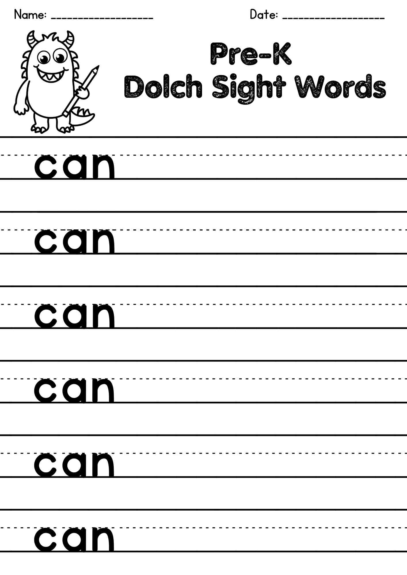 "can" Dolch Sight Word Tracing Page – Free PDF Download - ezpzphonics.com