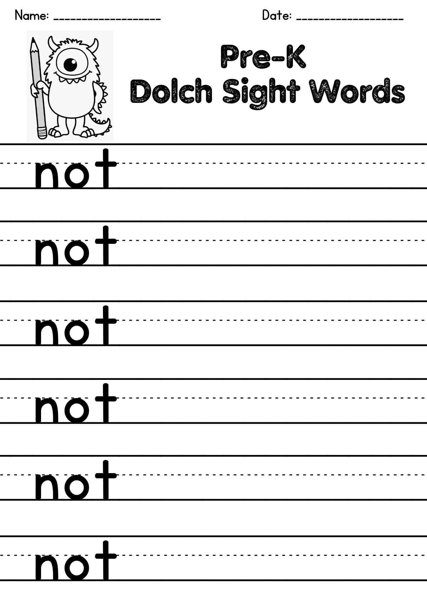"not" Dolch Sight Word Writing Worksheets – Free PDF Download for Early ...