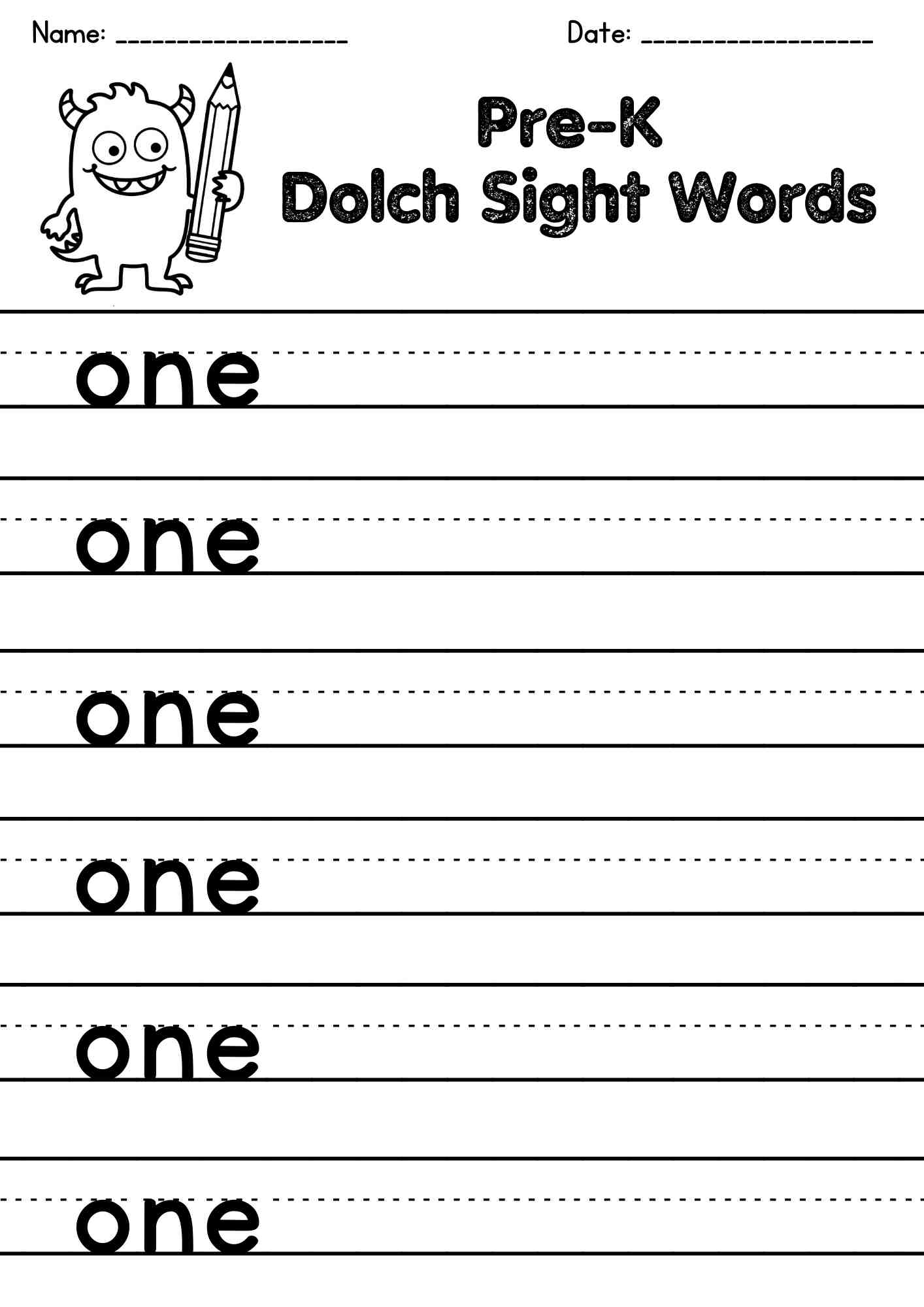 "one" Dolch Sight Word Writing Worksheets – Free PDF Download for Early ...