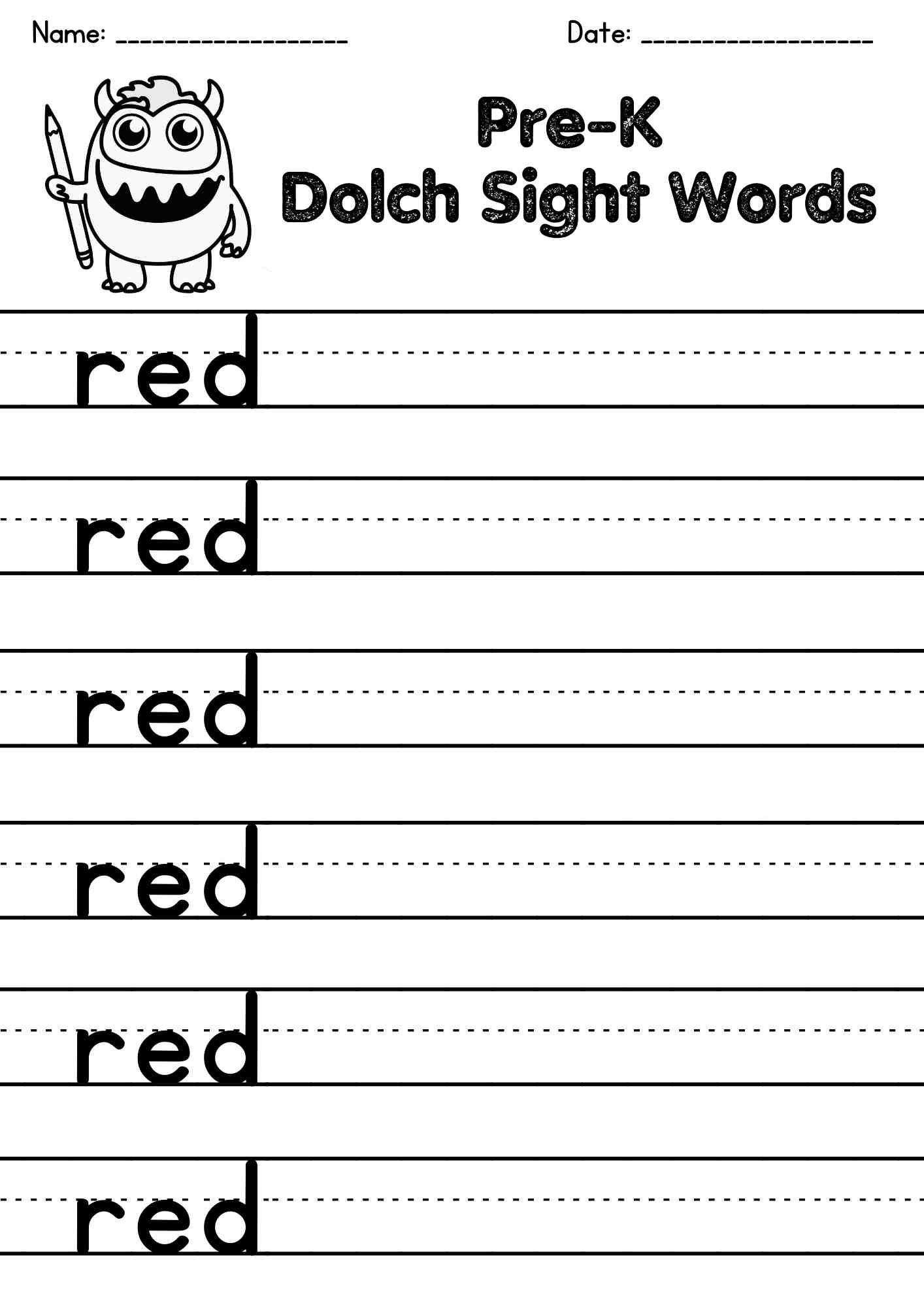 "red" Dolch Sight Word Writing Worksheets – Free PDF Download for Early ...