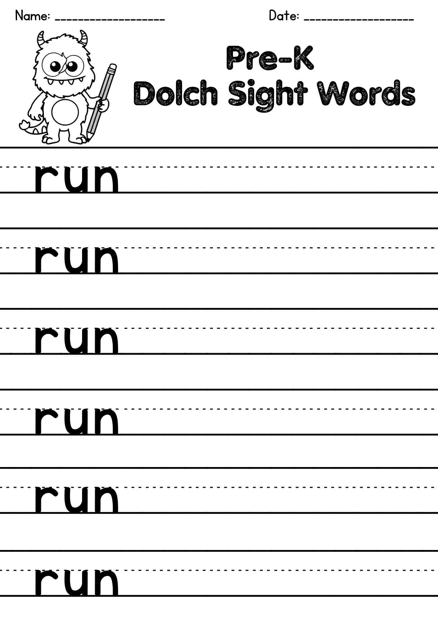 "run" Dolch Sight Word Writing Worksheets – Free PDF Download for Early ...